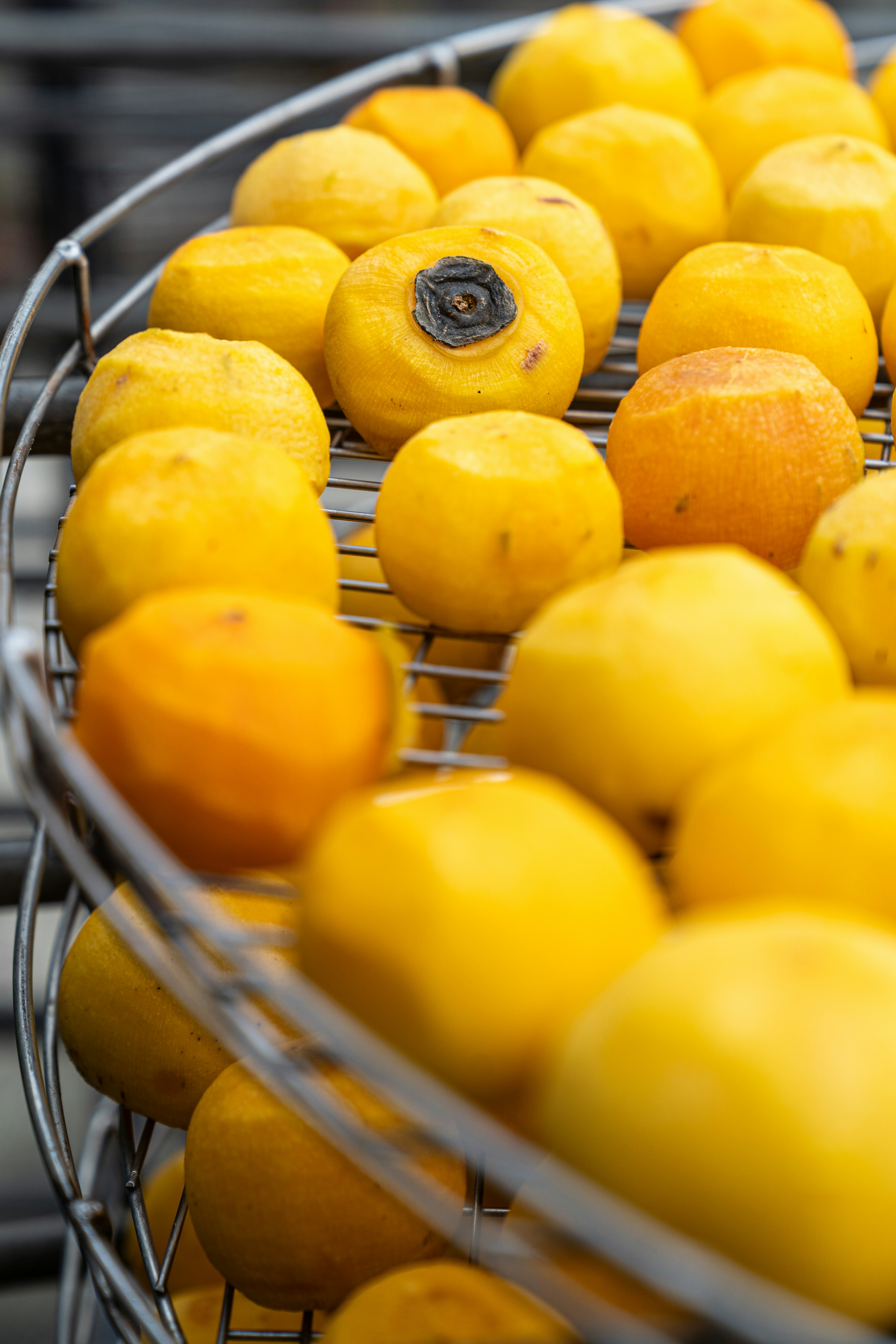 Sunlit Lemons on a Curved Wire Basket: A Close-Up of Golden Orbs