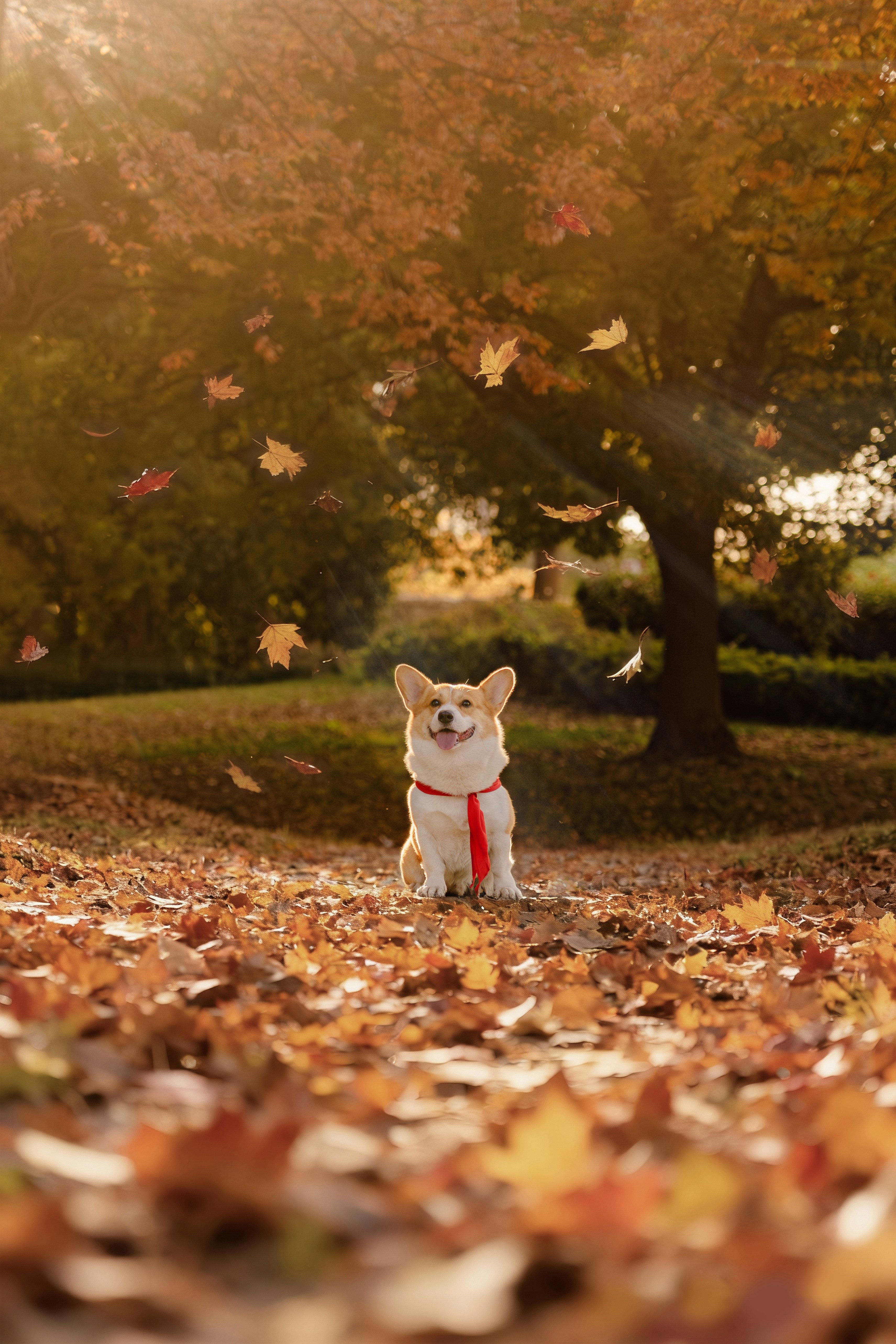 Autumn's Companion: A Corgi Amid Falling Maple Leaves
