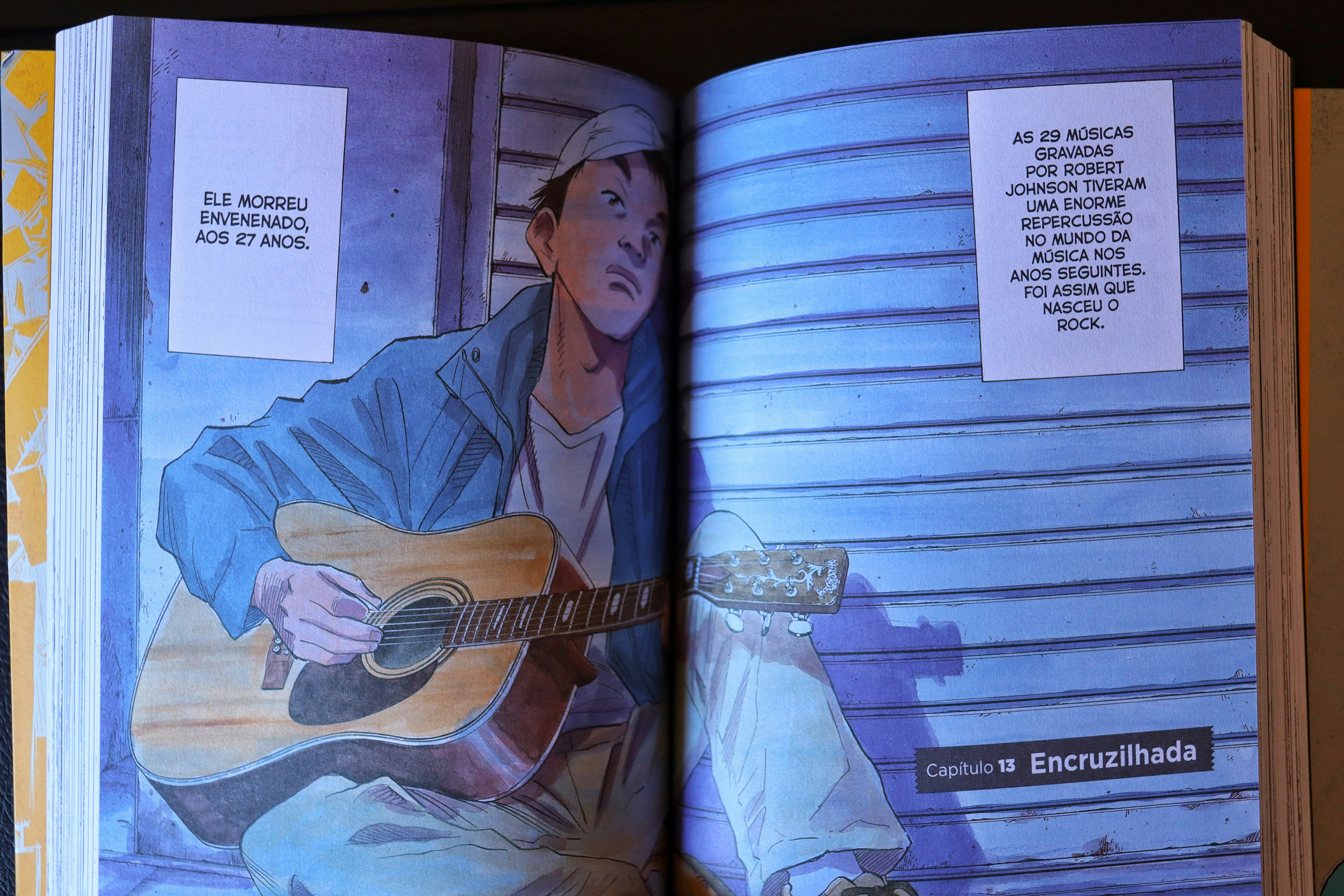 Blue-Hued Serenade: A Guitarist Anchors a Graphic Novel Panel