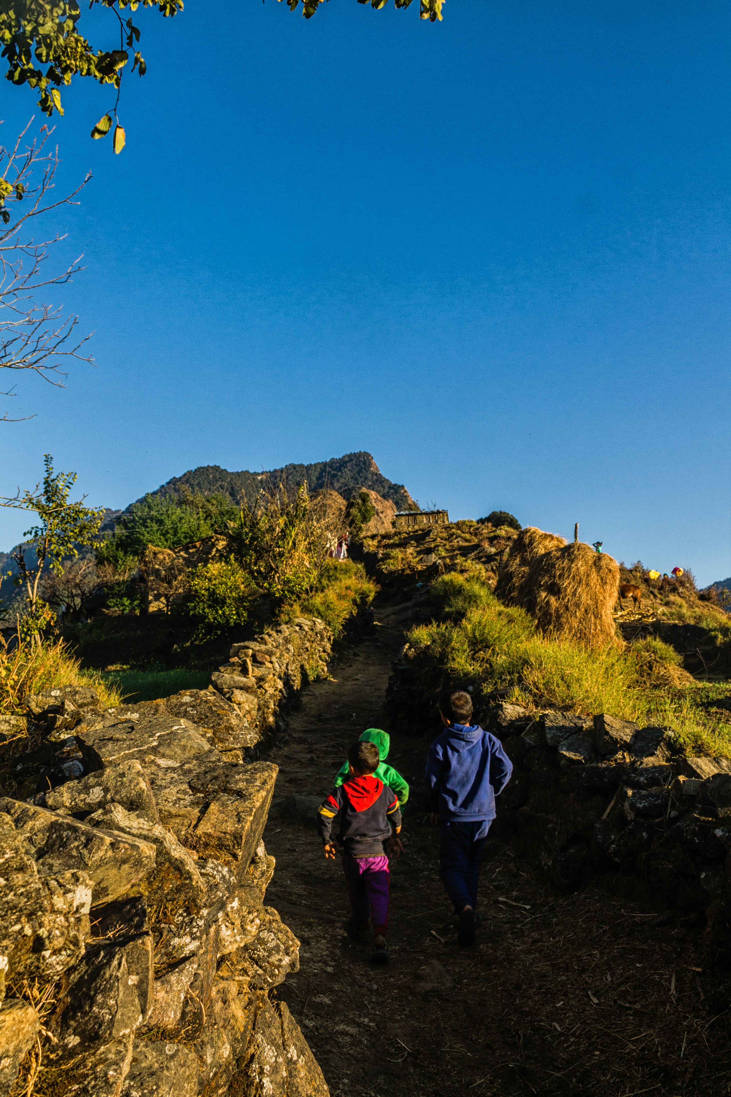 Sunlit Ascent: Two Explorers On a Rocky Path Toward Hilltop Ruins