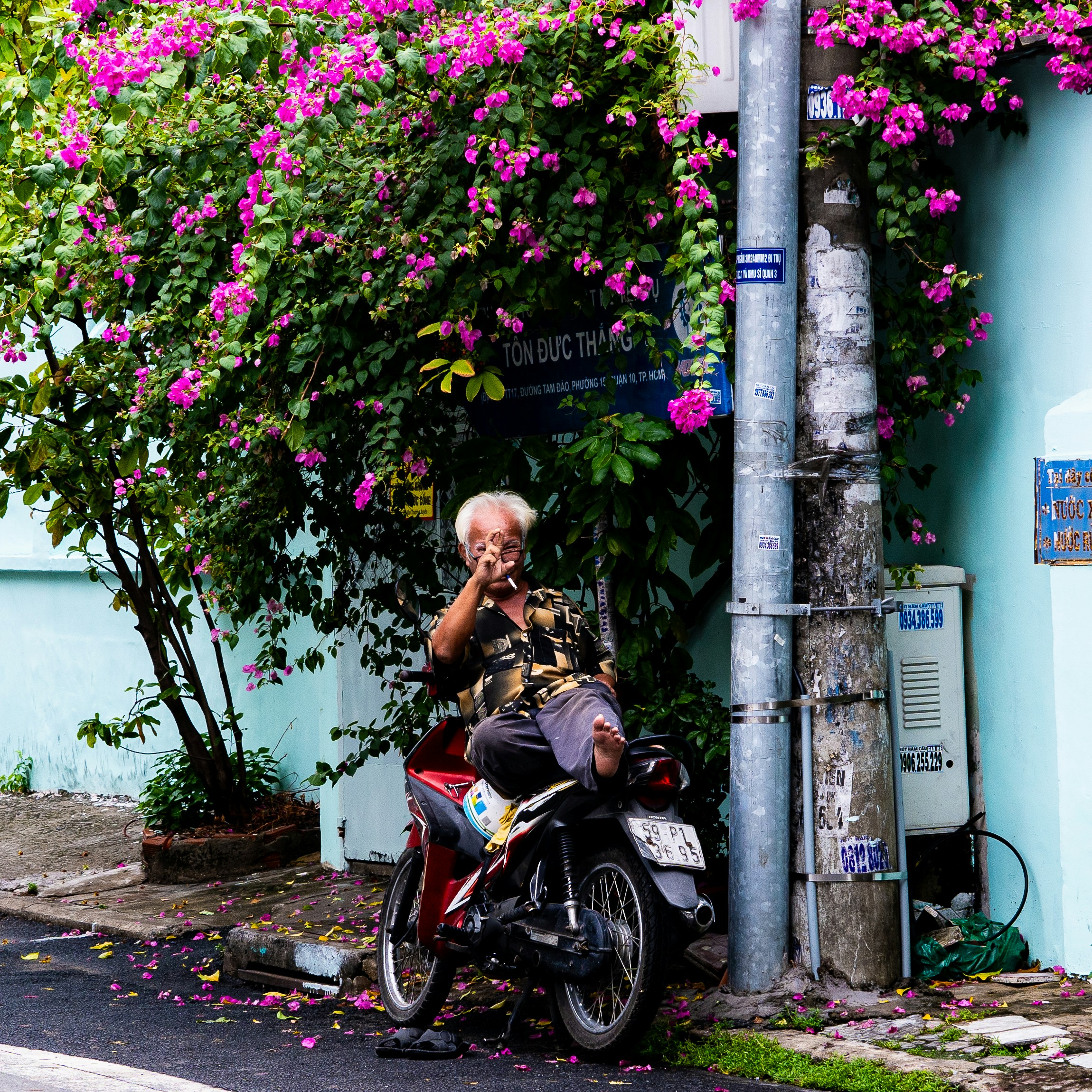 Red Rider Beneath a Pink Bougainvillea: A Quiet Street Portrait