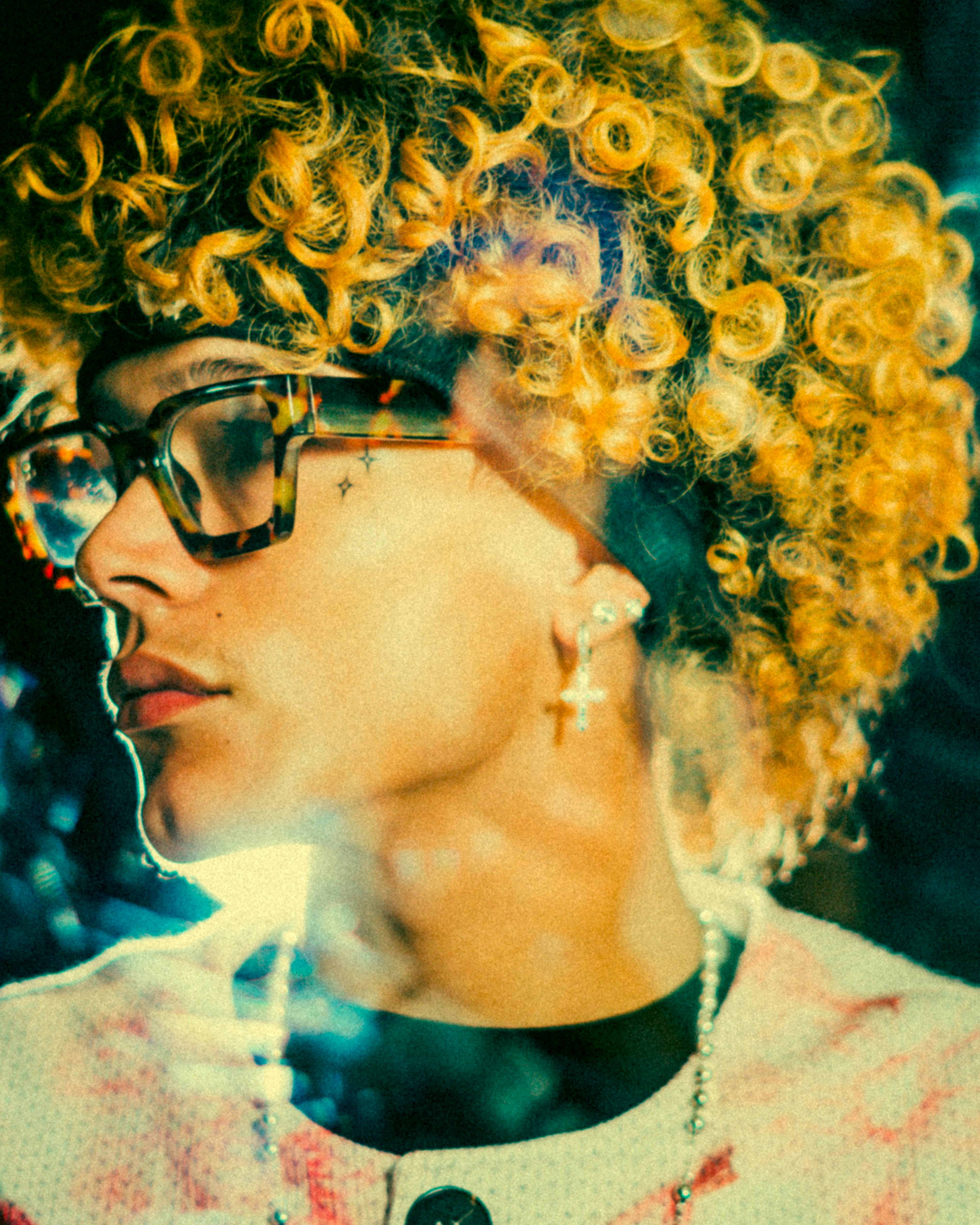 Neon Curls in Profile: A Double-Exposure Portrait