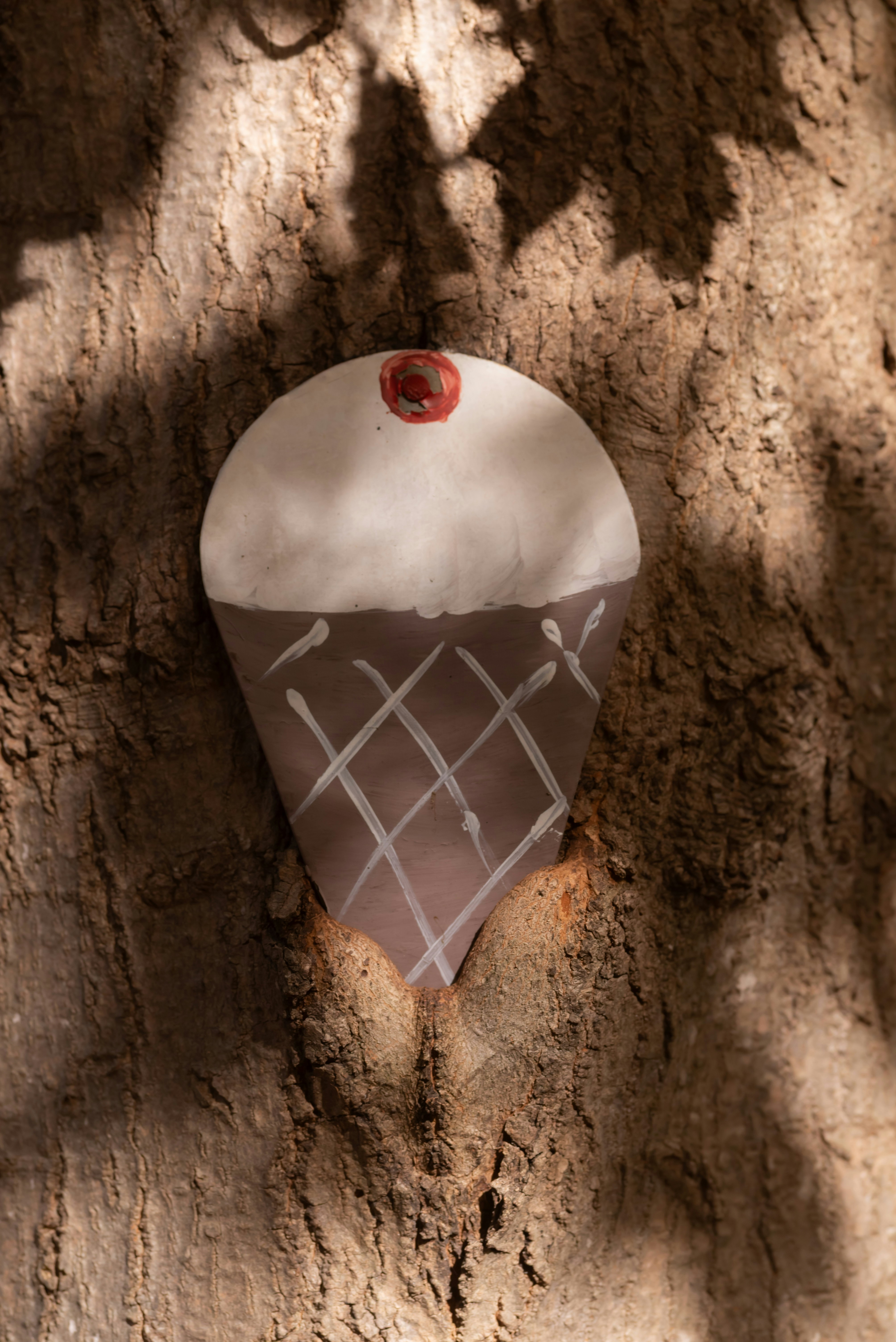 Geometric Glass Pendant Clinging to Bark in Dappled Sunlight