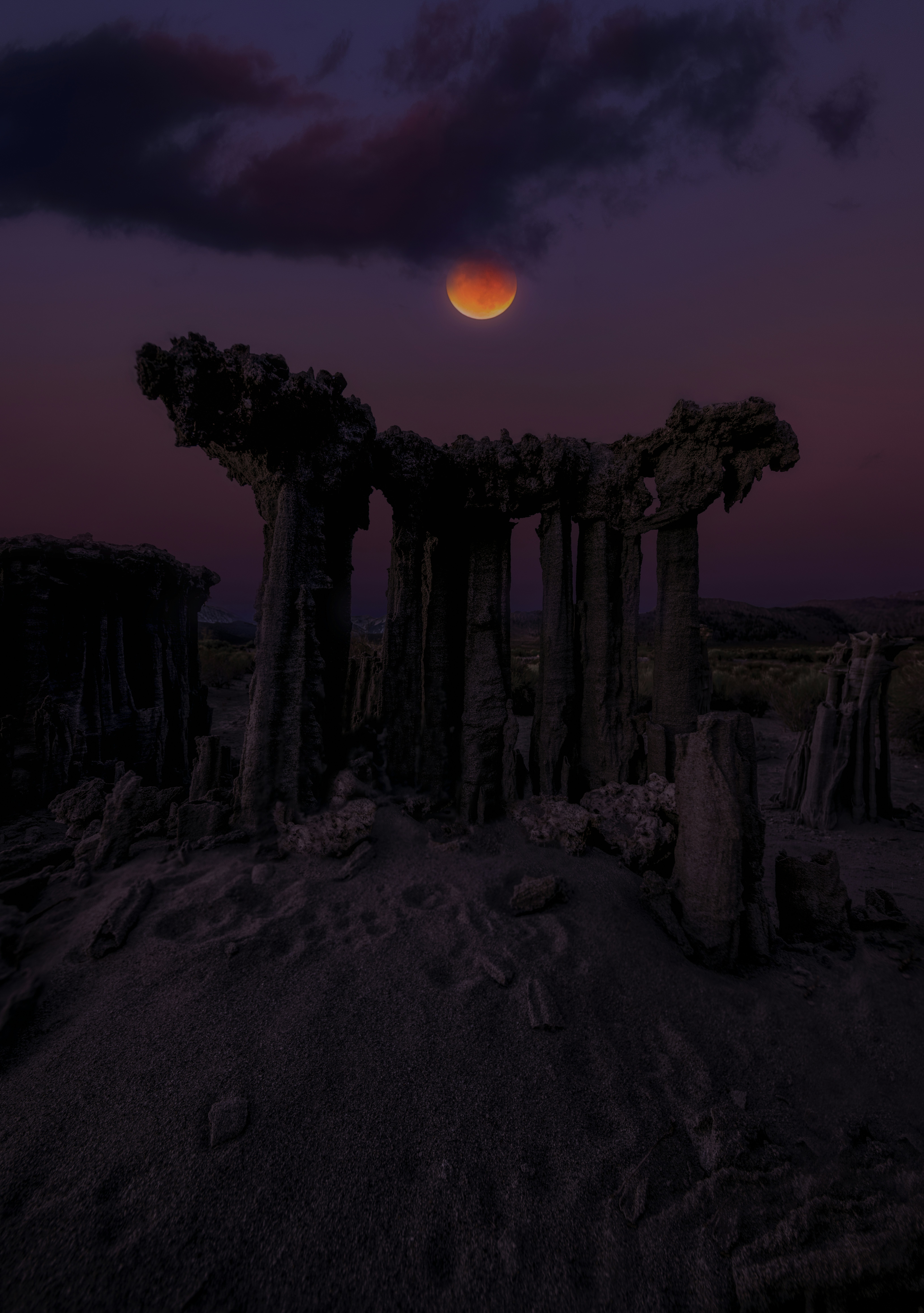 Blood moon over these tufas at navy beach/mono lake.