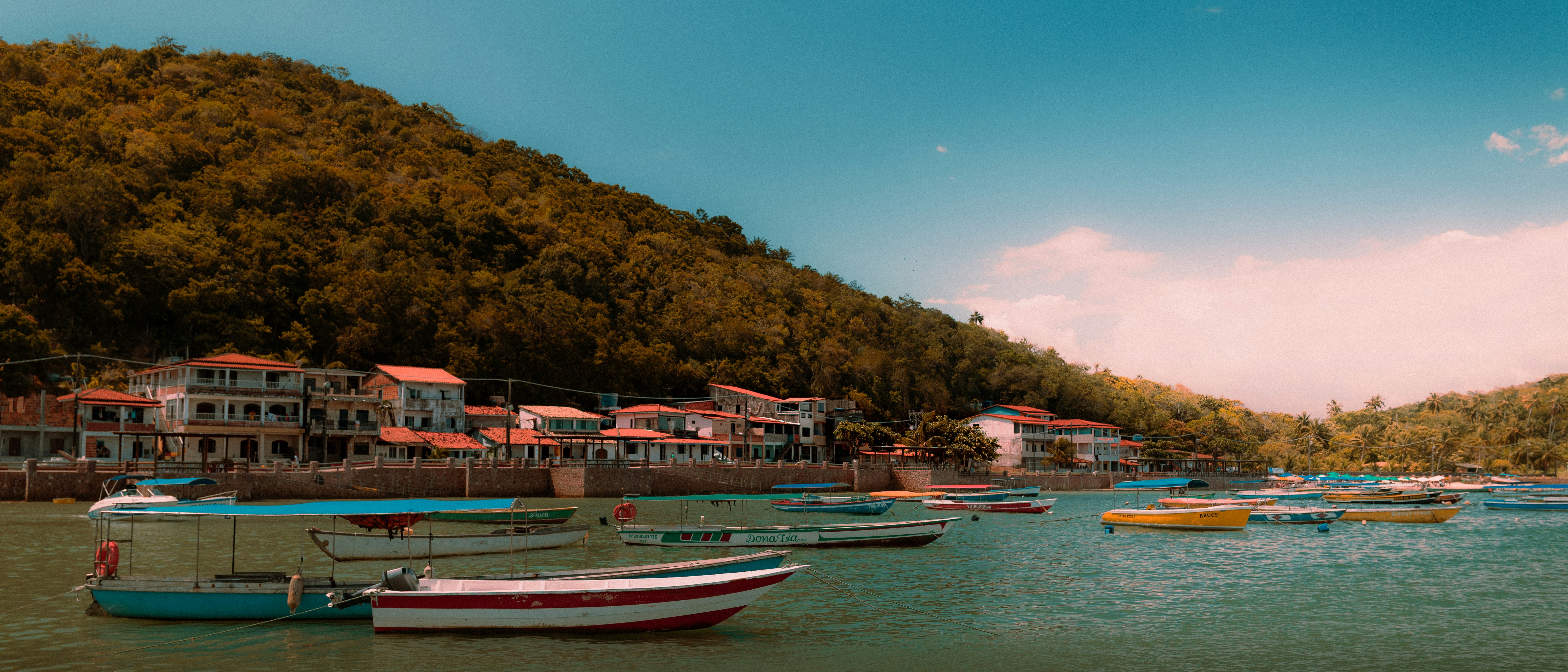 Turquoise Harbor: Rowboats and Red-Tiled Shoreline