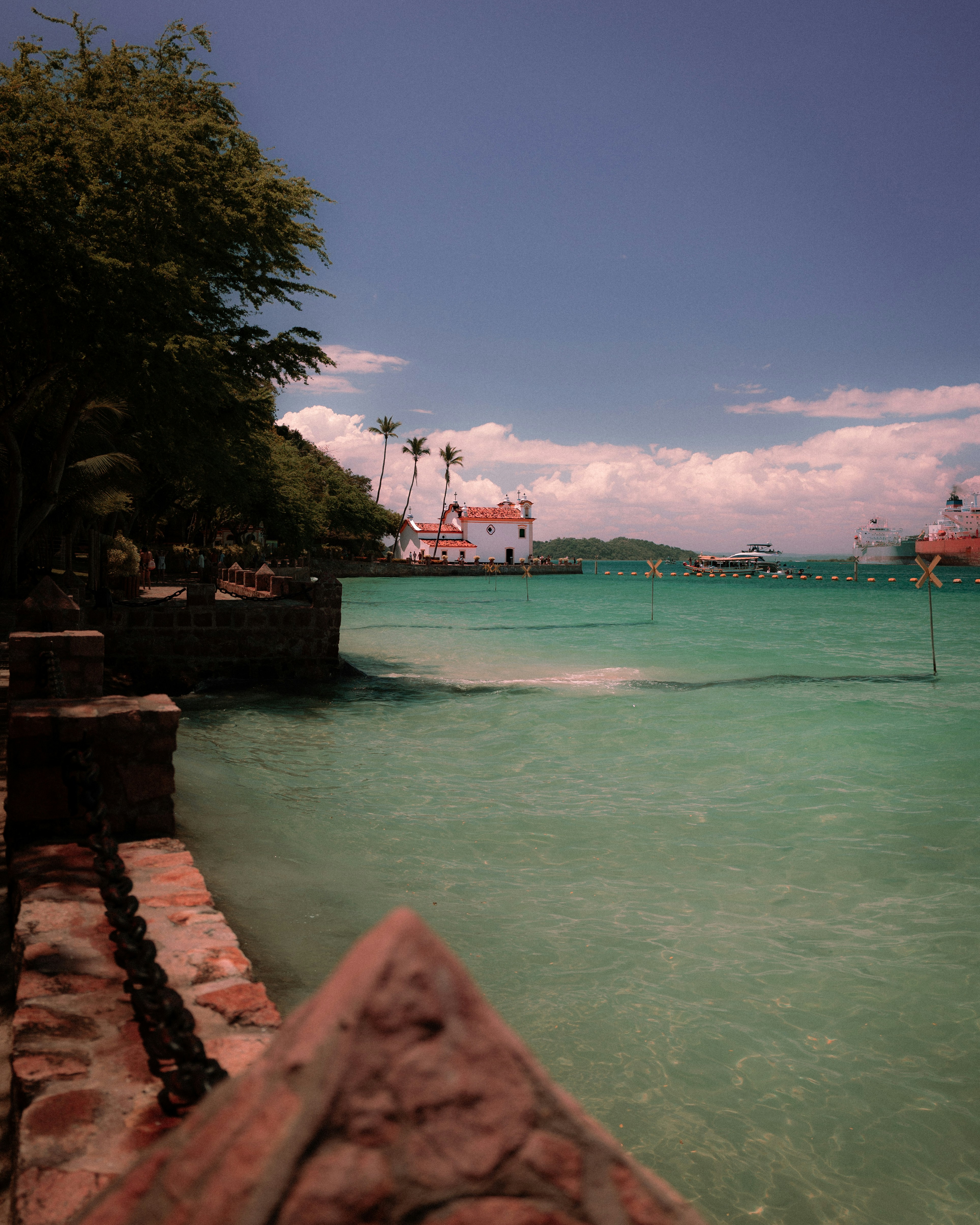 Turquoise Harbor and the Red-Roofed Villa by Palm-Fringed Shore