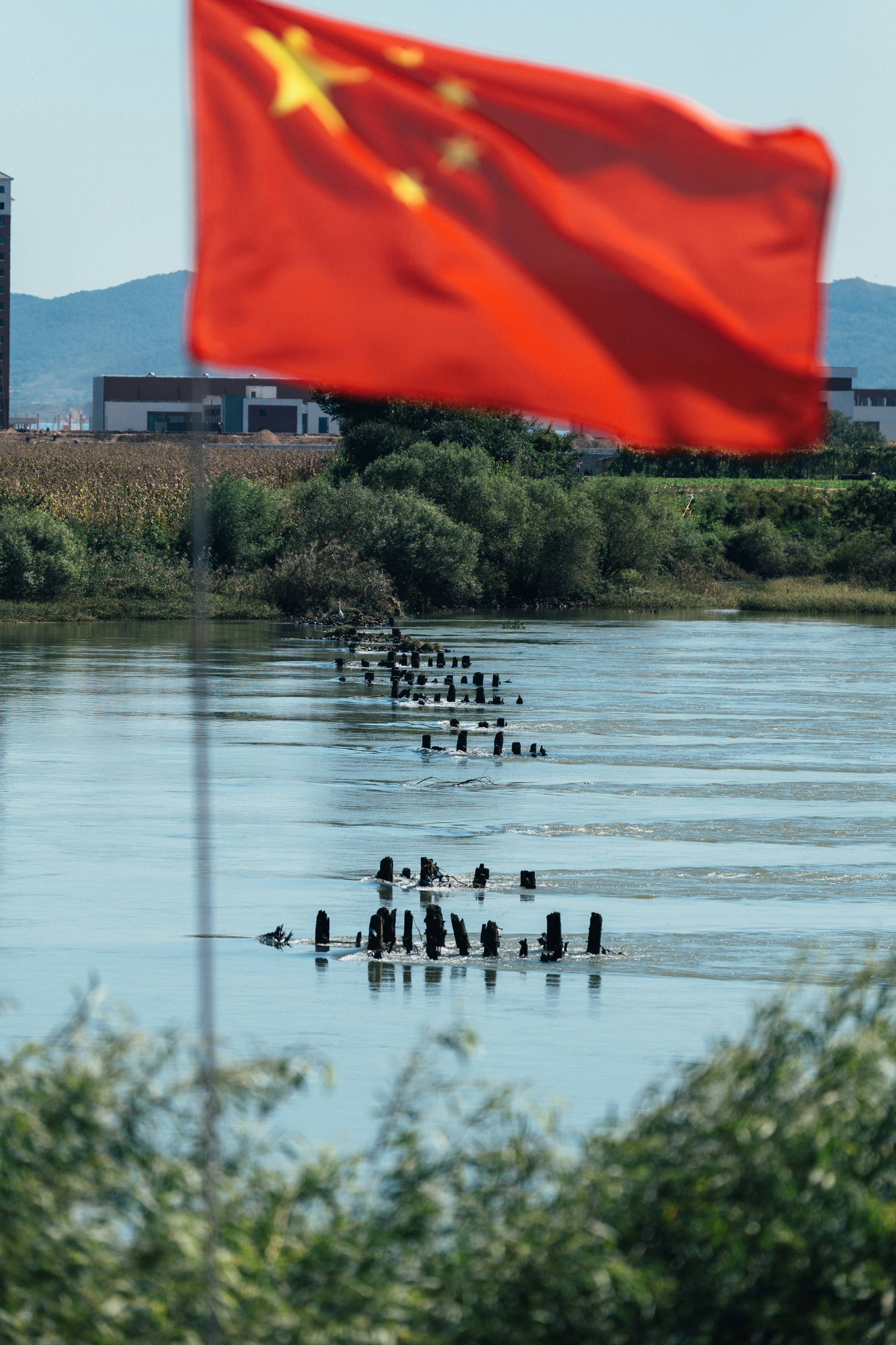 Wind-Flag Over the River: A Red Banner in Sharp Focus