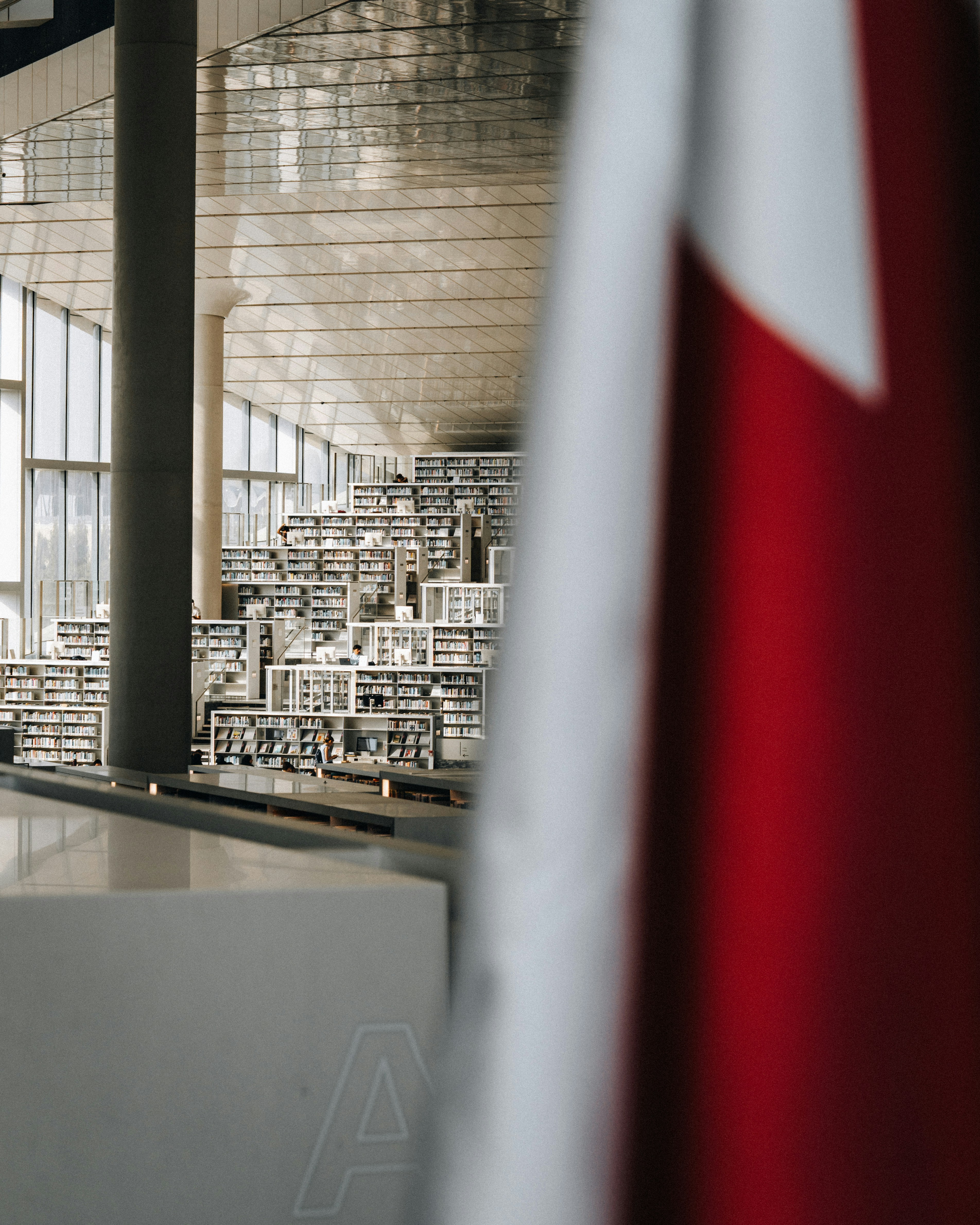 Vertical Labyrinth: Sunlit Shelves Rise in a Modern Library Atrium