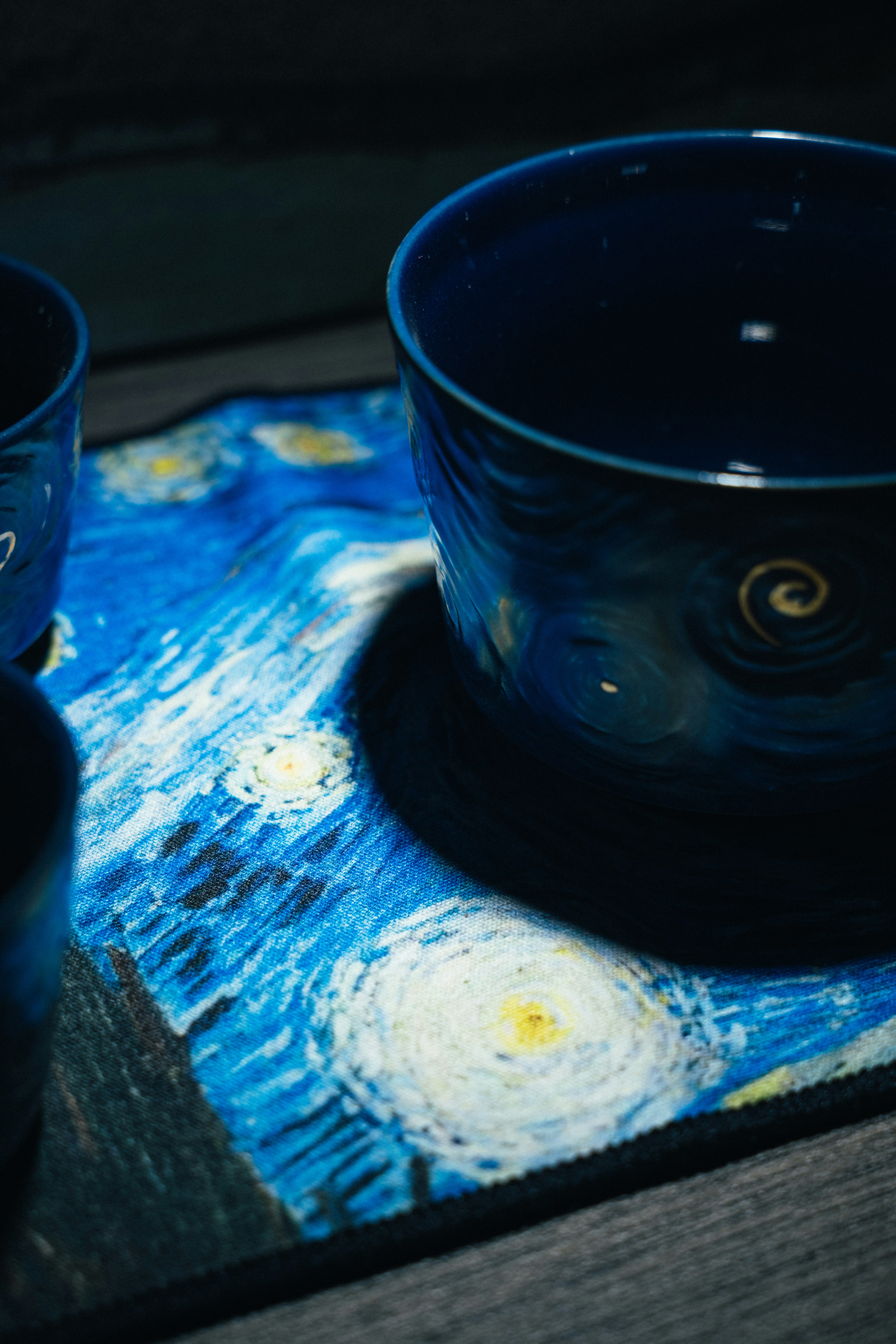 Cerulean Cups on a Starry Night Tablecloth