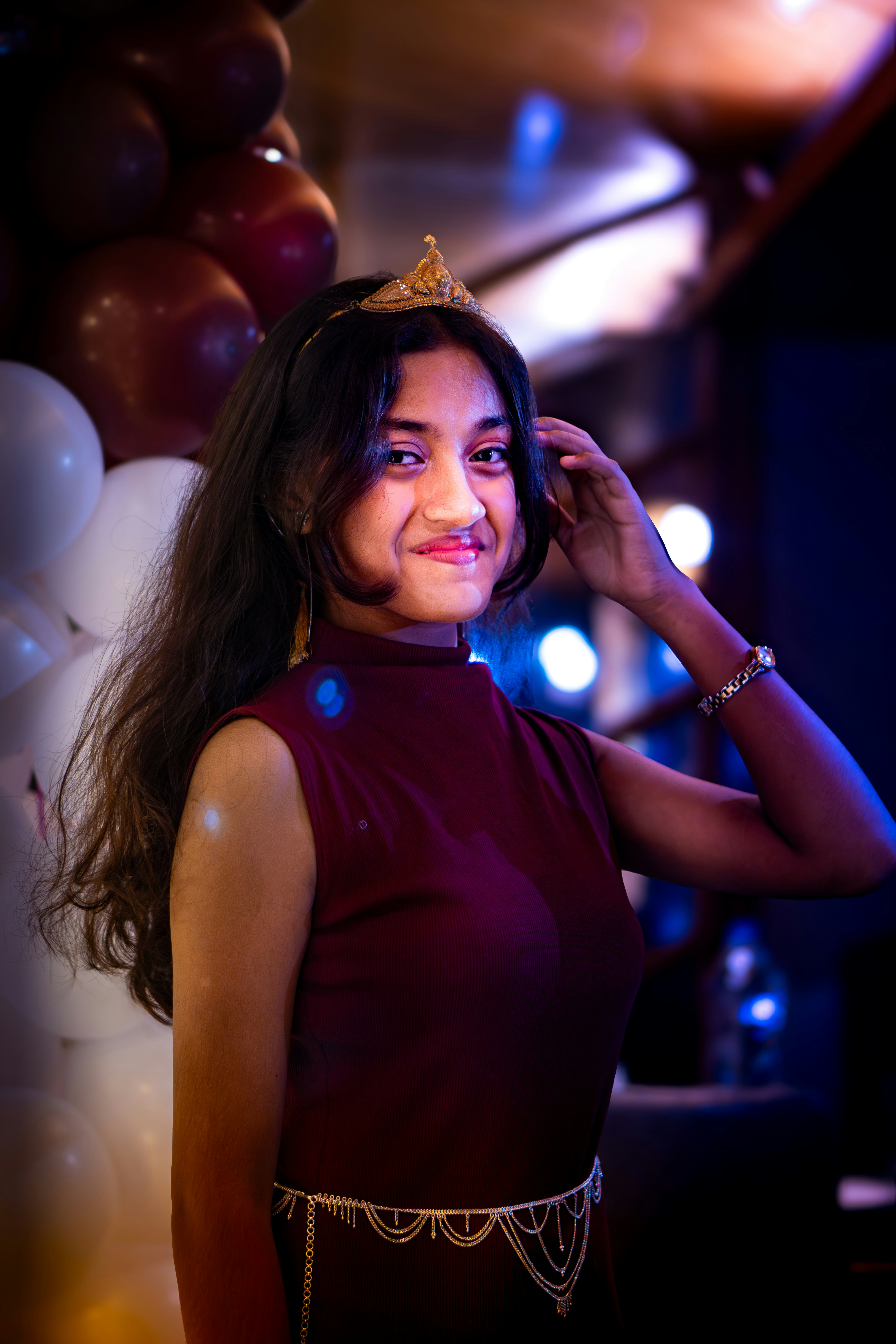 Crowned in Velvet: a neon-lit party portrait