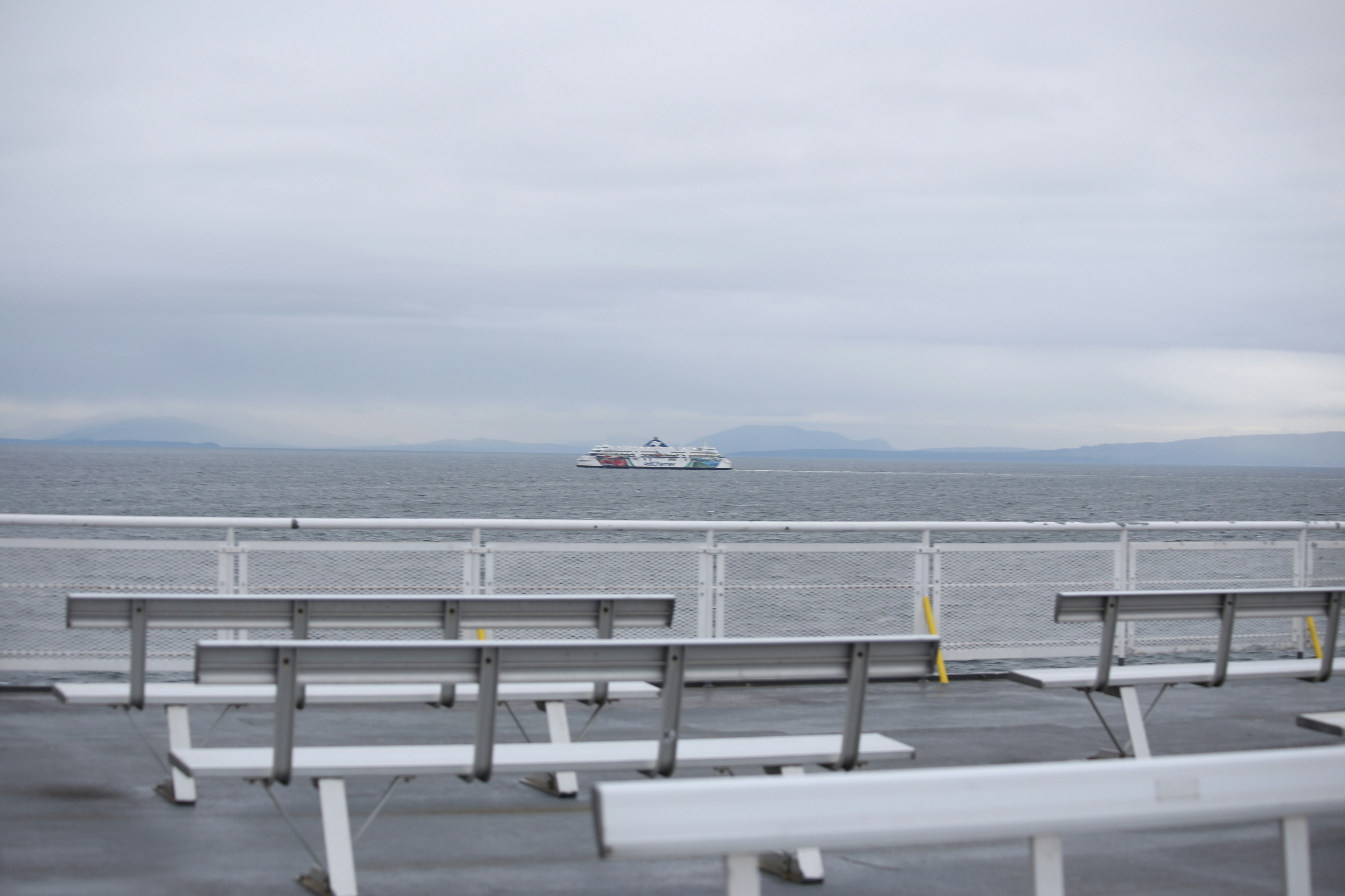 Horizon Vessel Beyond the Quiet Promenade in Rain-Slick Light