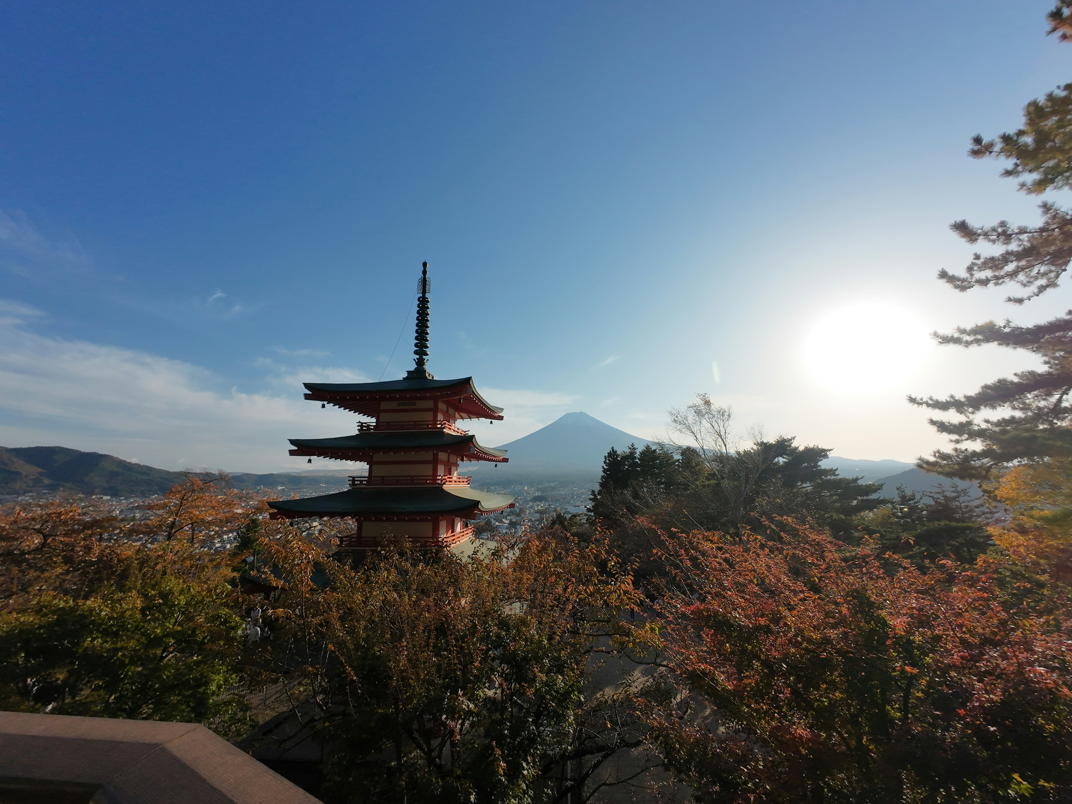 Pagoda with mount fuji in the distance.