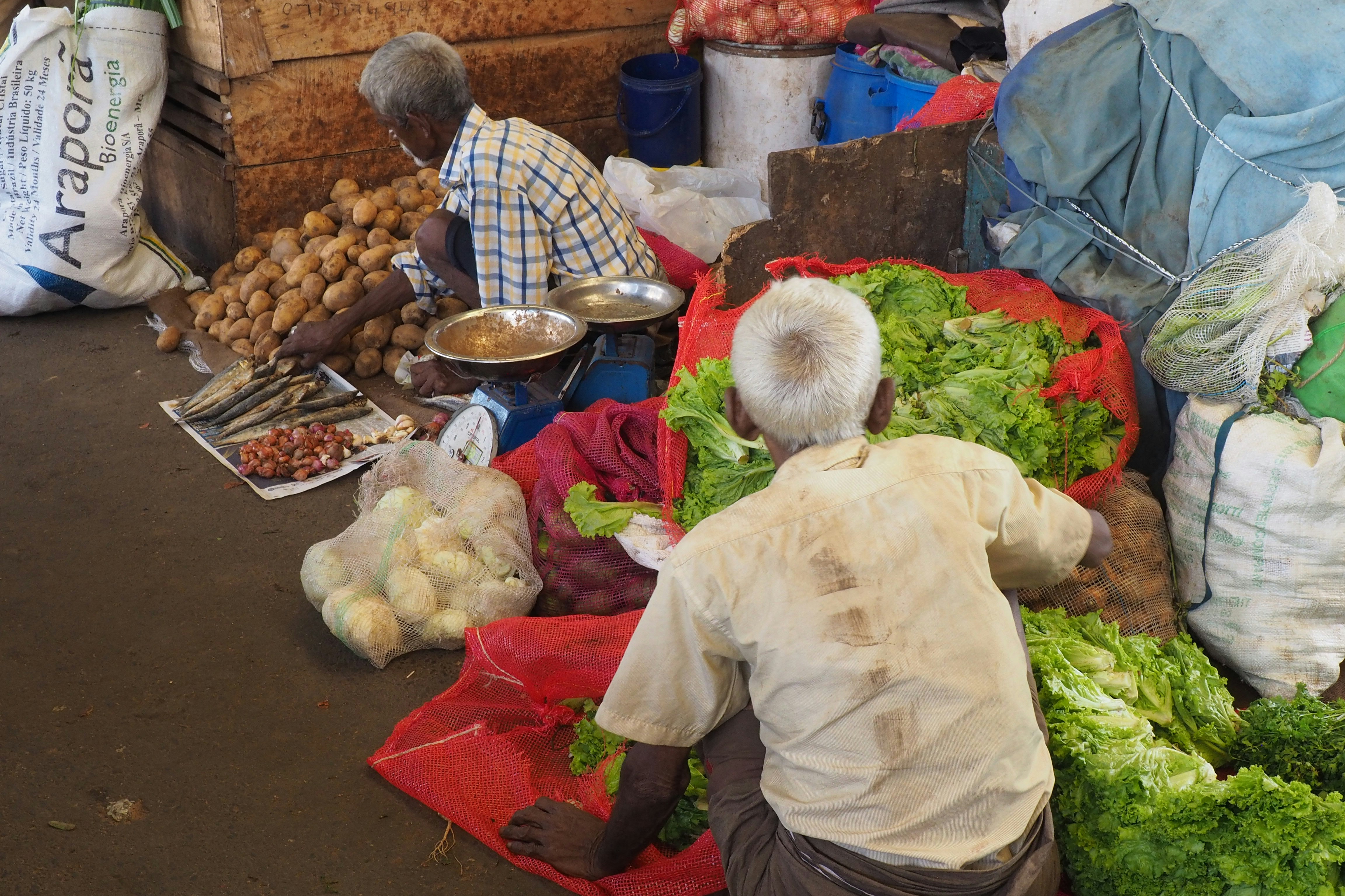 Two men sort vegetables in Pettah Market, Colombo, Sri Lanka