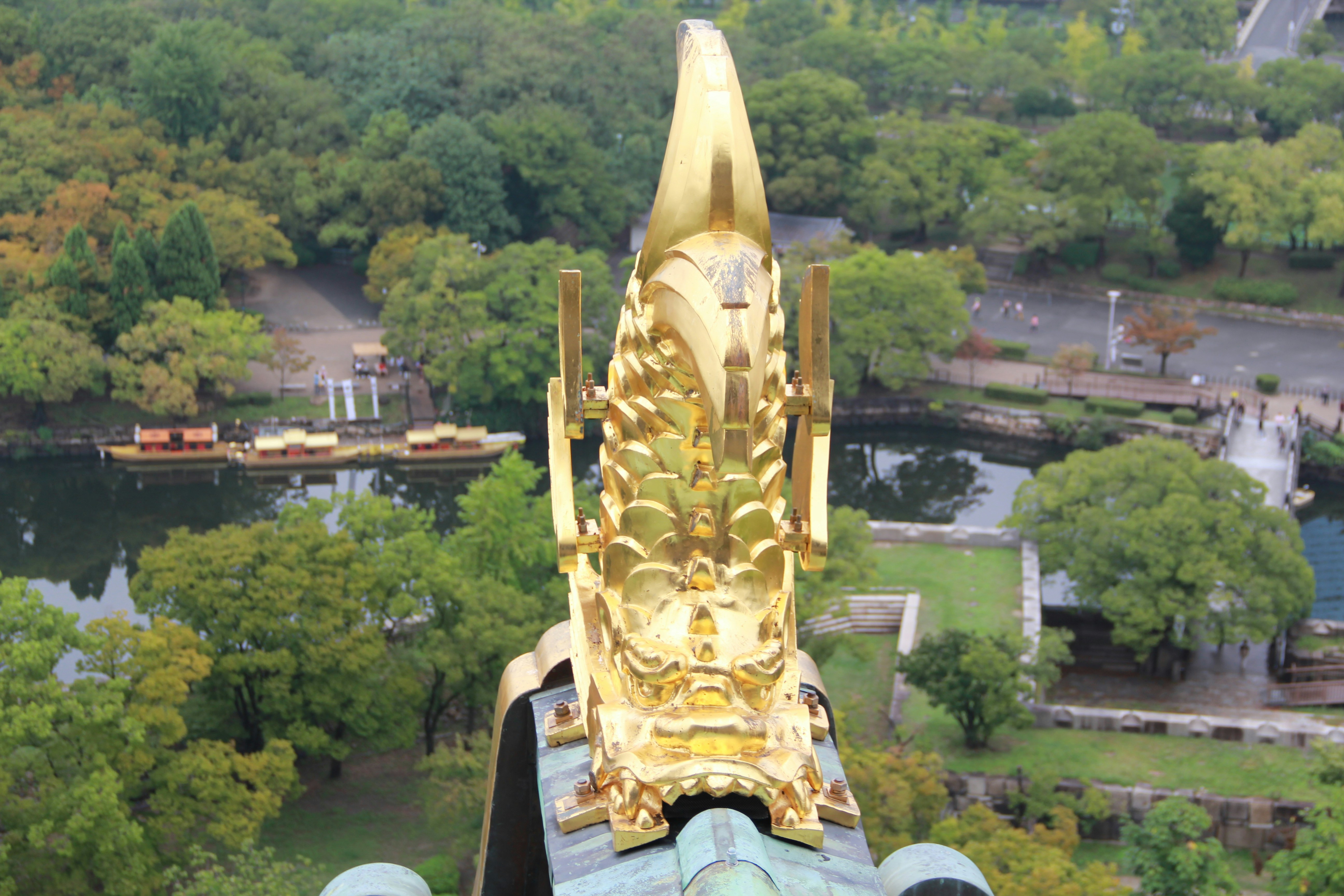 Gilded Apex Over Green Canopy: A Temple Spire from Above