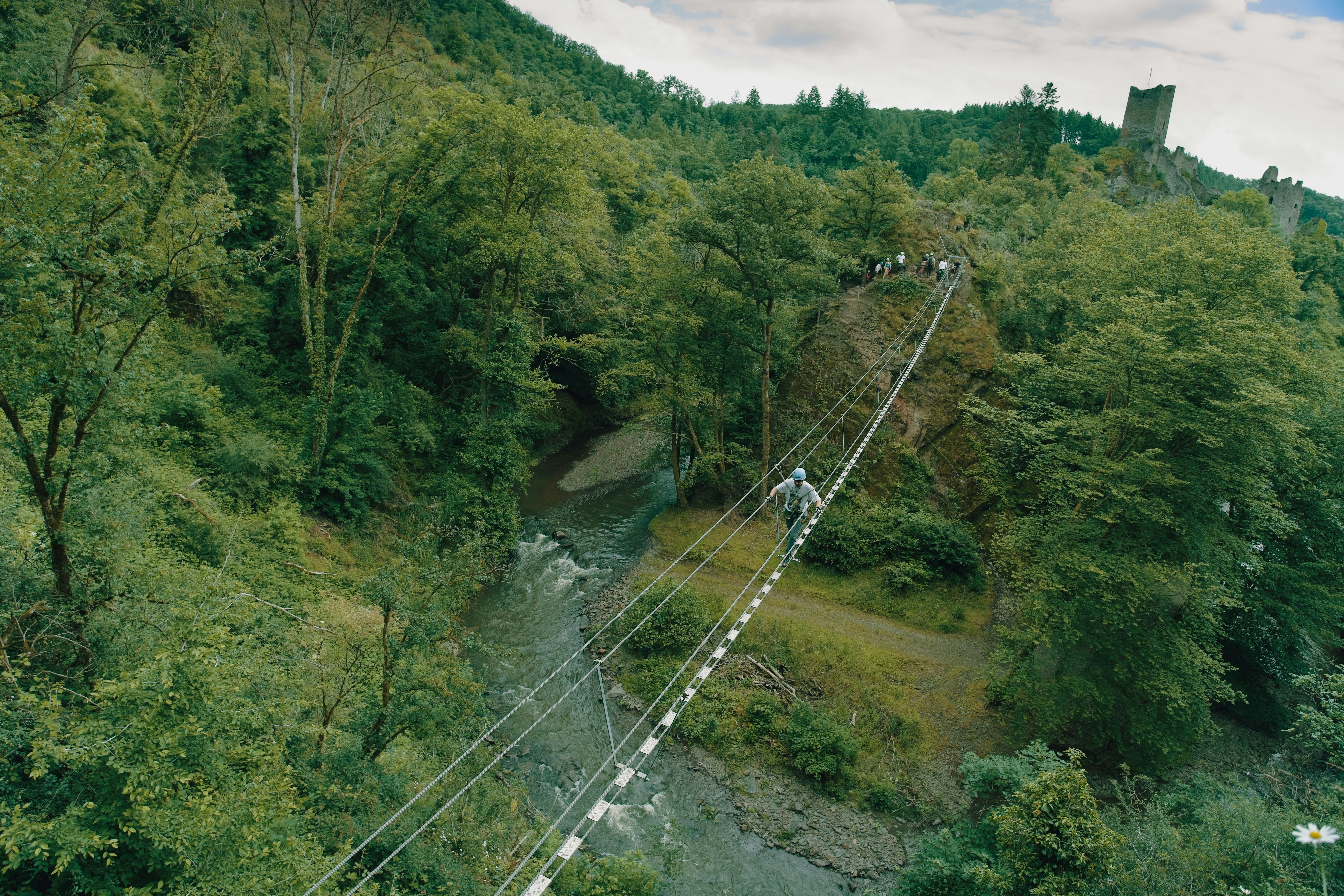 Emerald Canopy Crossing: A Narrow Suspension Bridge Spanning a Forested Gorge
