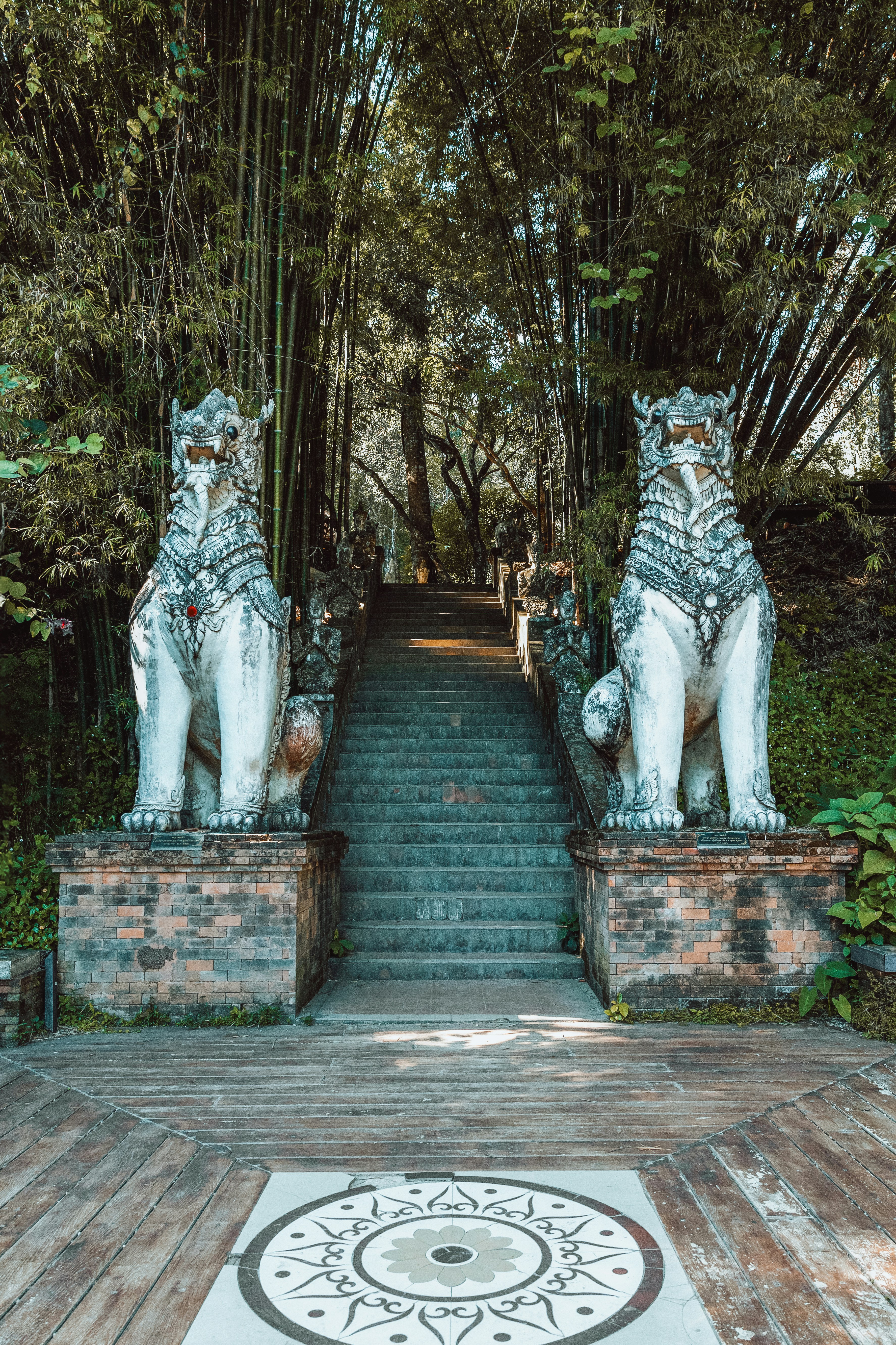 Twin Sentinel Lions Guard the Mossy Staircase