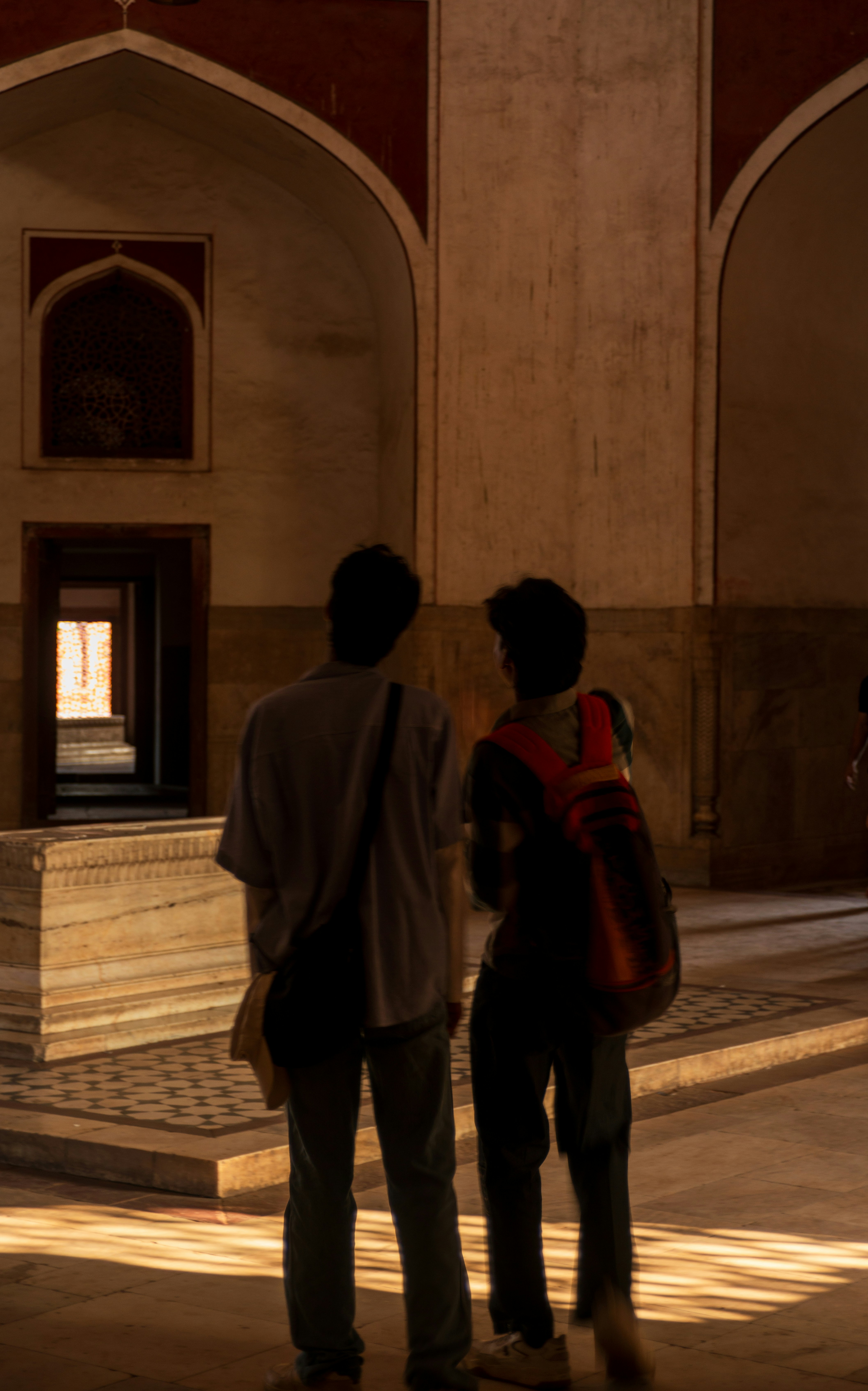 Inside Humayun's tomb, Delhi, India. The tomb was commissioned by Humayun's first wife and chief consort, Empress Bega Begum under her patronage in 1558, and designed by Mirak Mirza Ghiyas and his son, Sayyid Muhammad, Persian architects chosen by her.