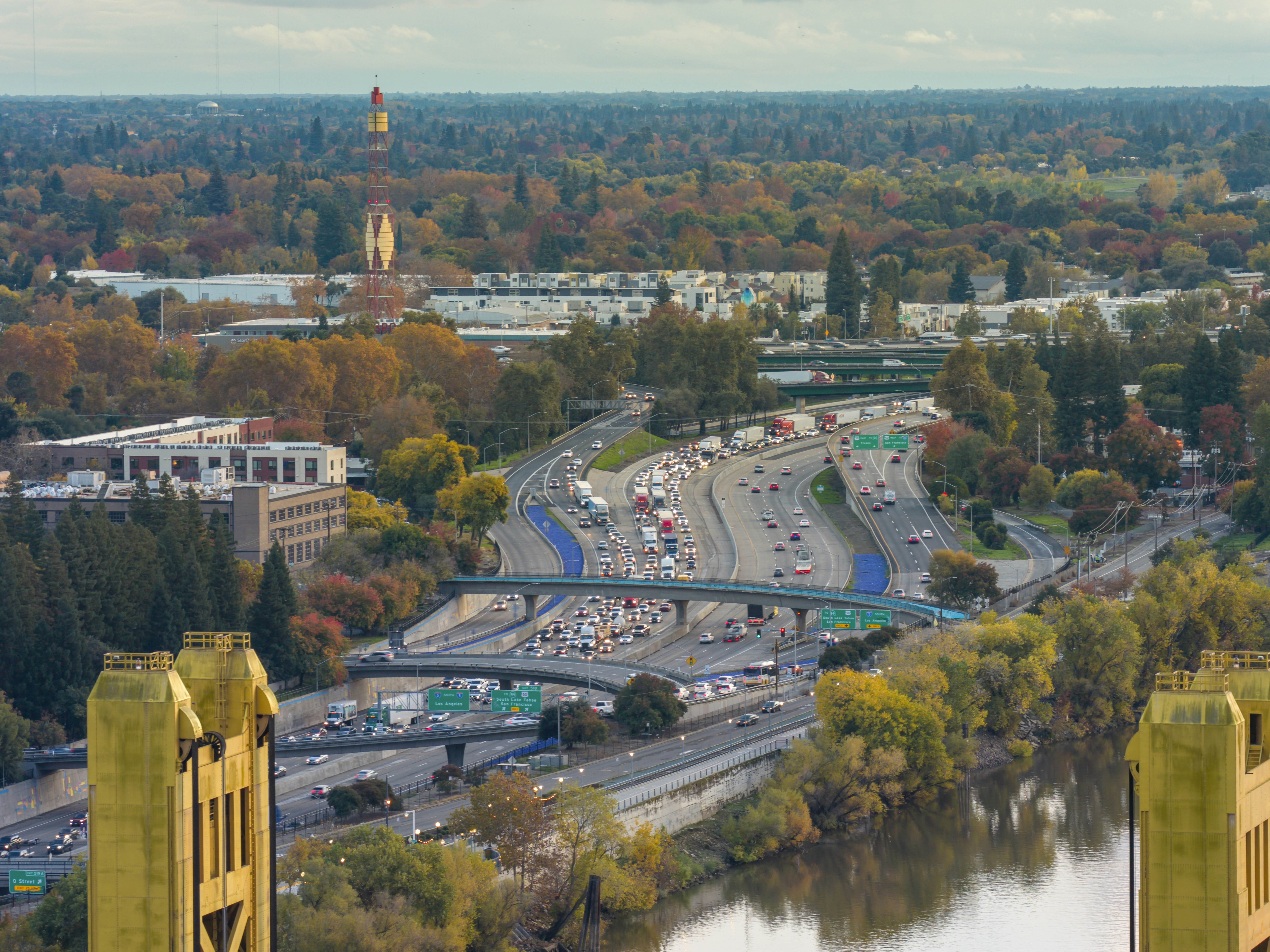 Autumn Interchange: Riverfront Multi-Ramp Vista