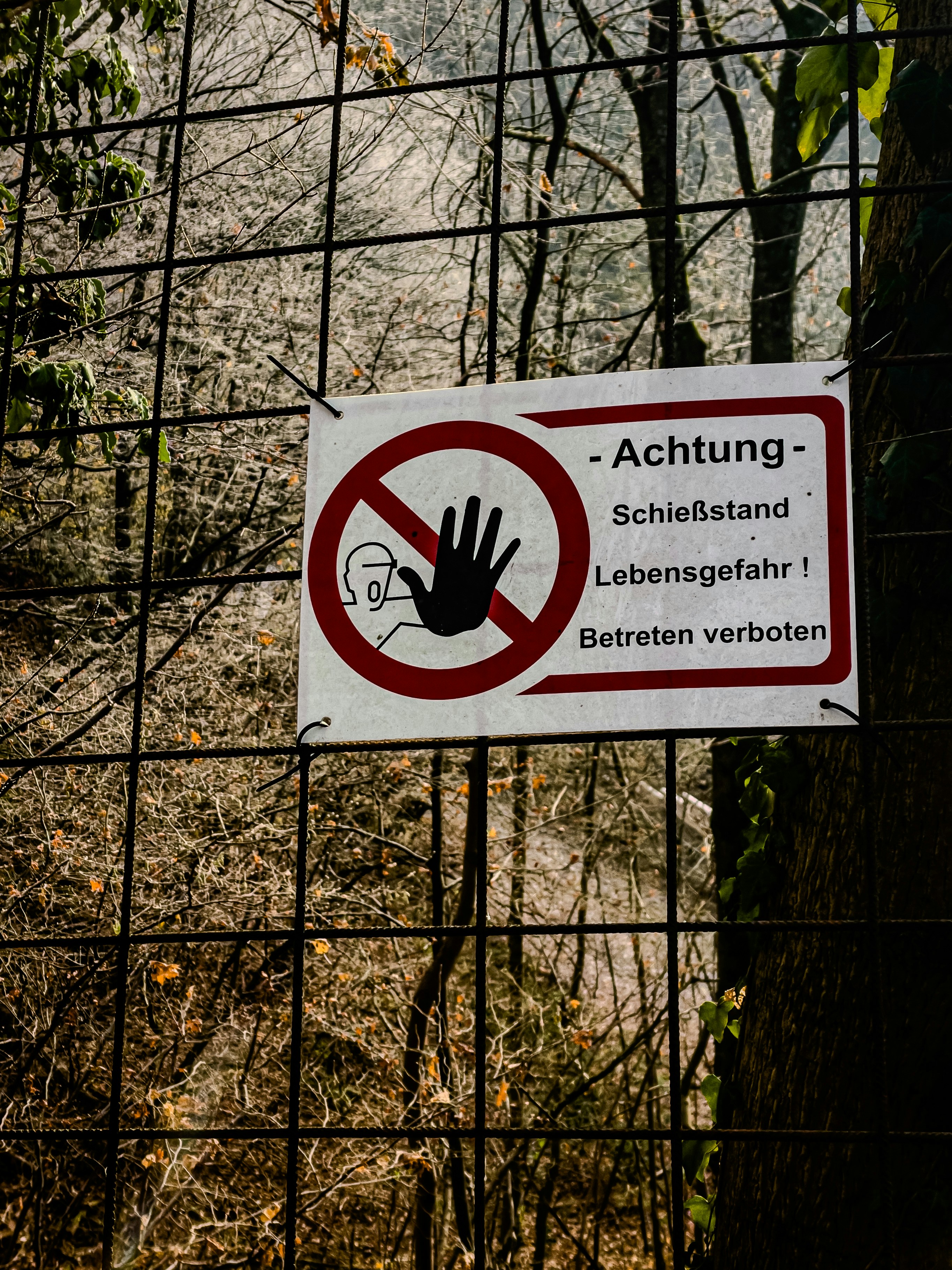 Achtung at the Fence: German Warning Sign in a Quiet Forest