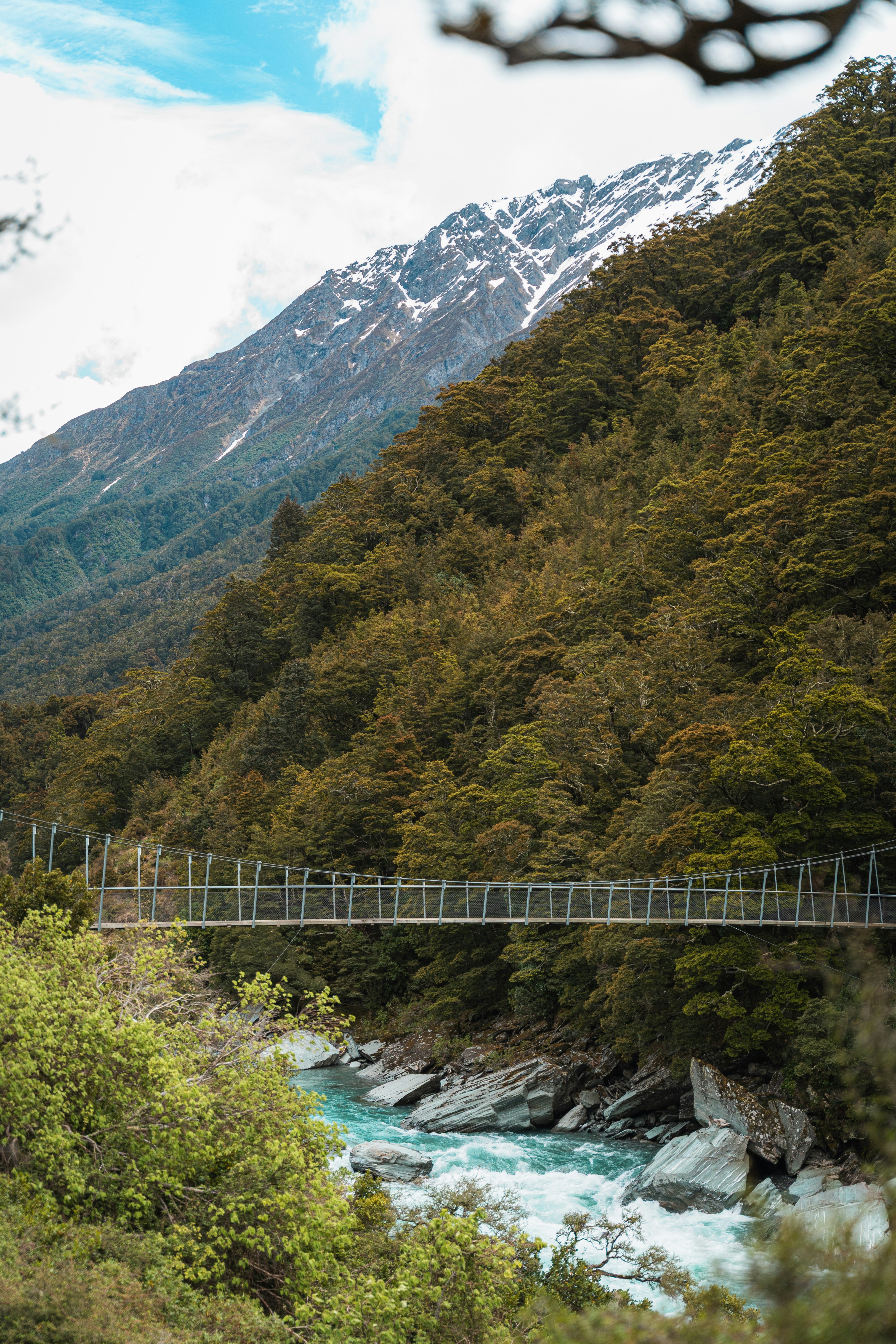 Suspension Bridge Across Alpine turquoise River