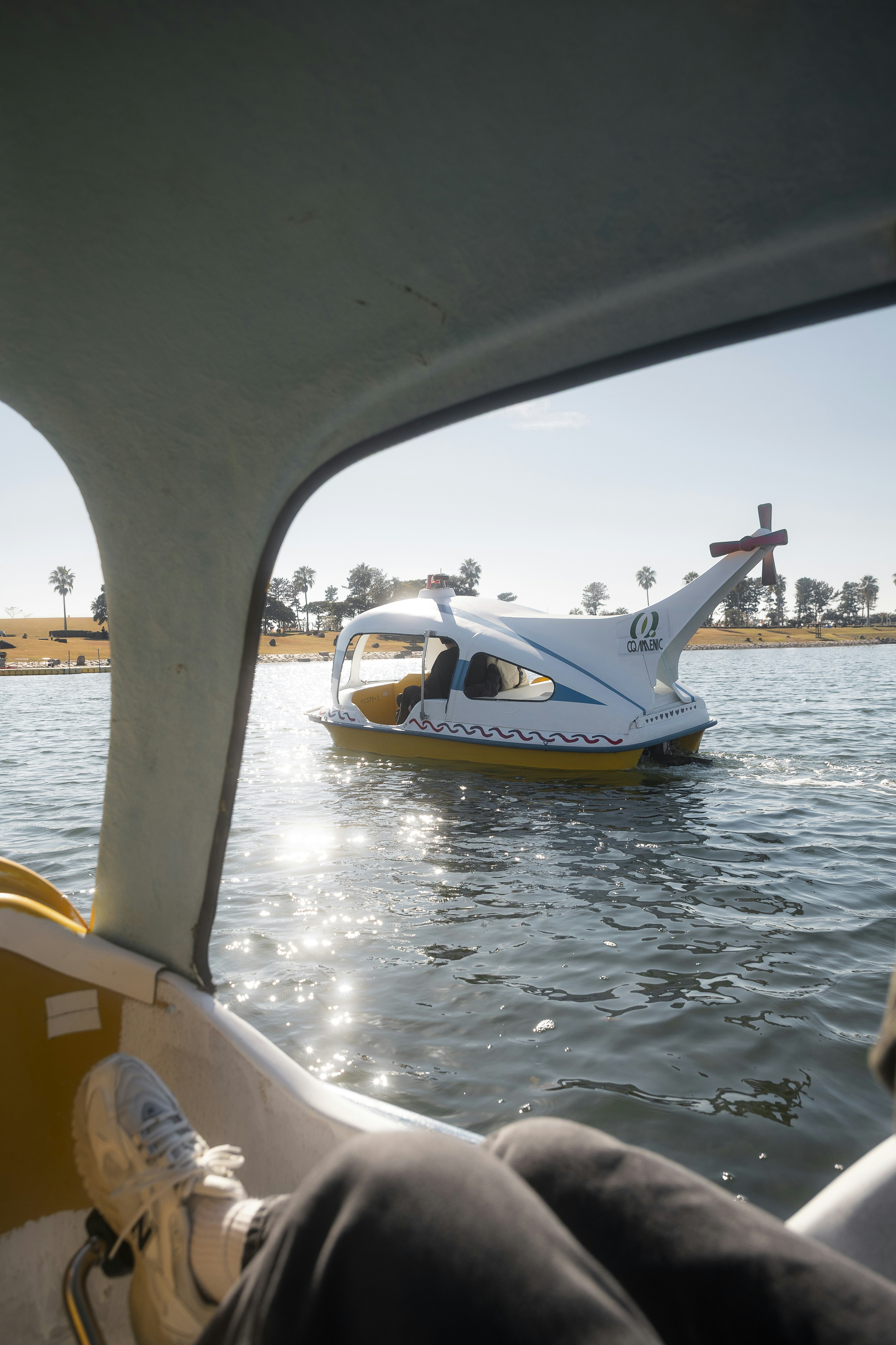 Window Seat to the Wake: A White Tour Boat Glides by