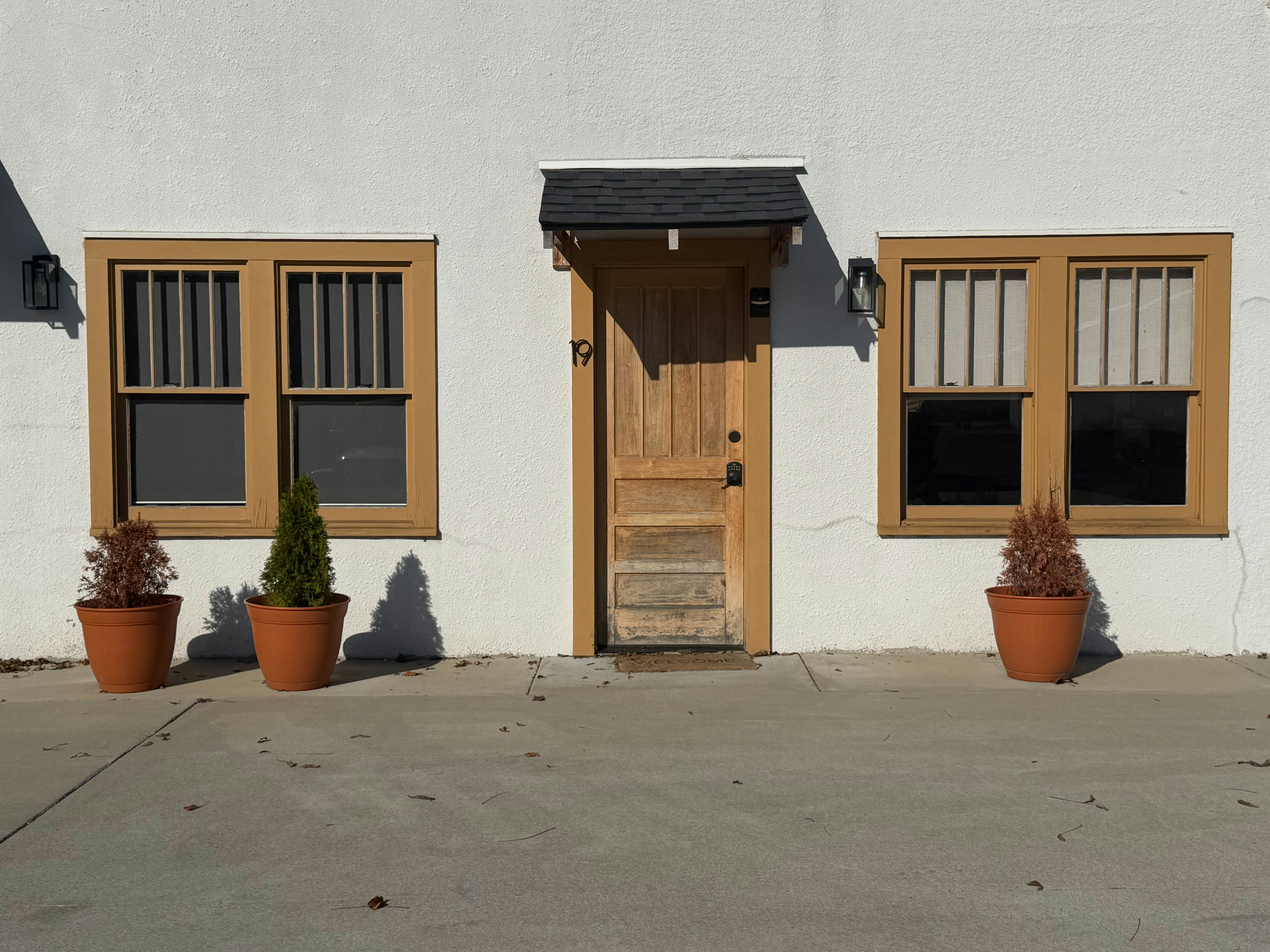 Symmetrical Facade, Potted Greens, and Weathered Door