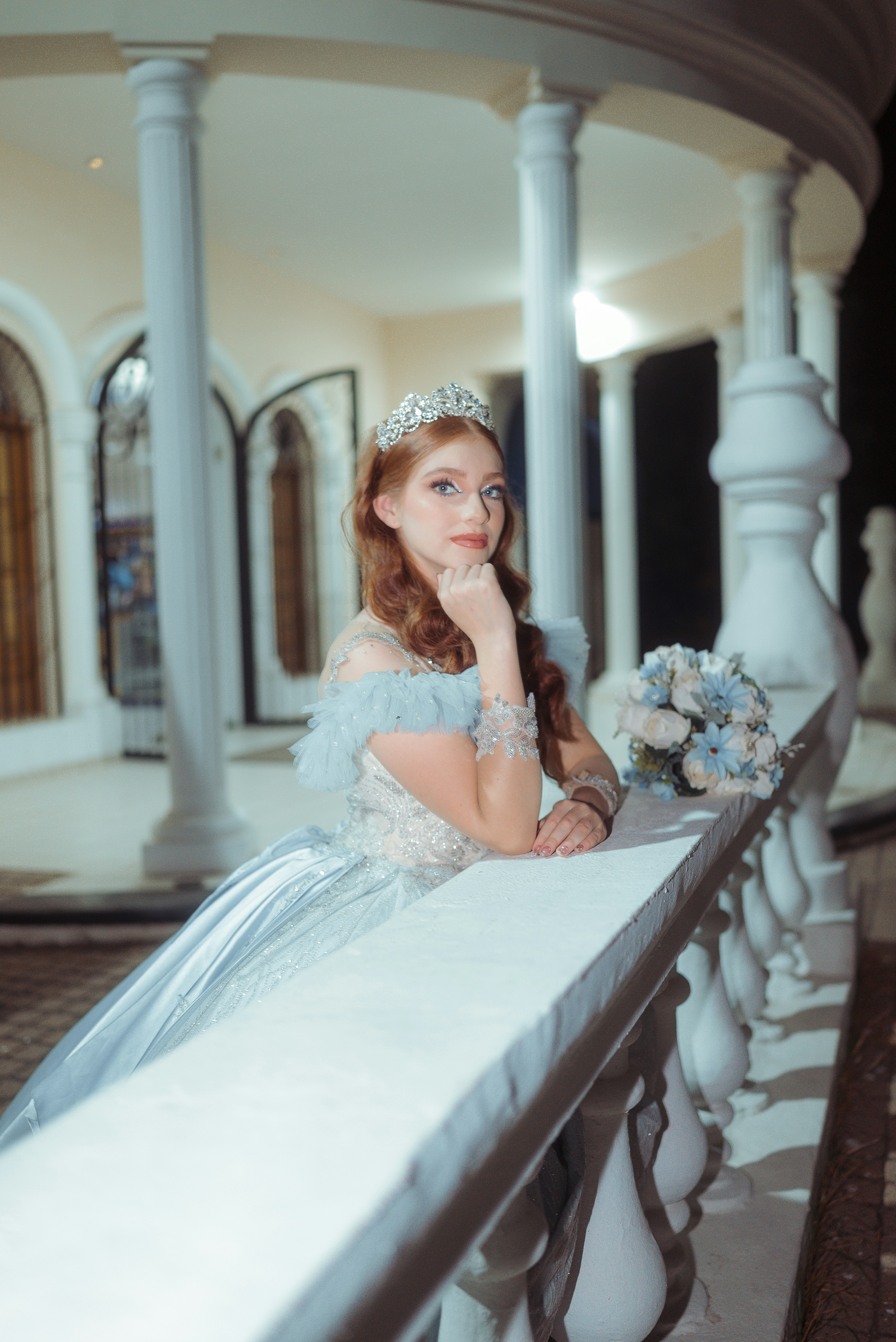 Moonlit Veranda Portrait: A Princess in Ice-Blue Gown