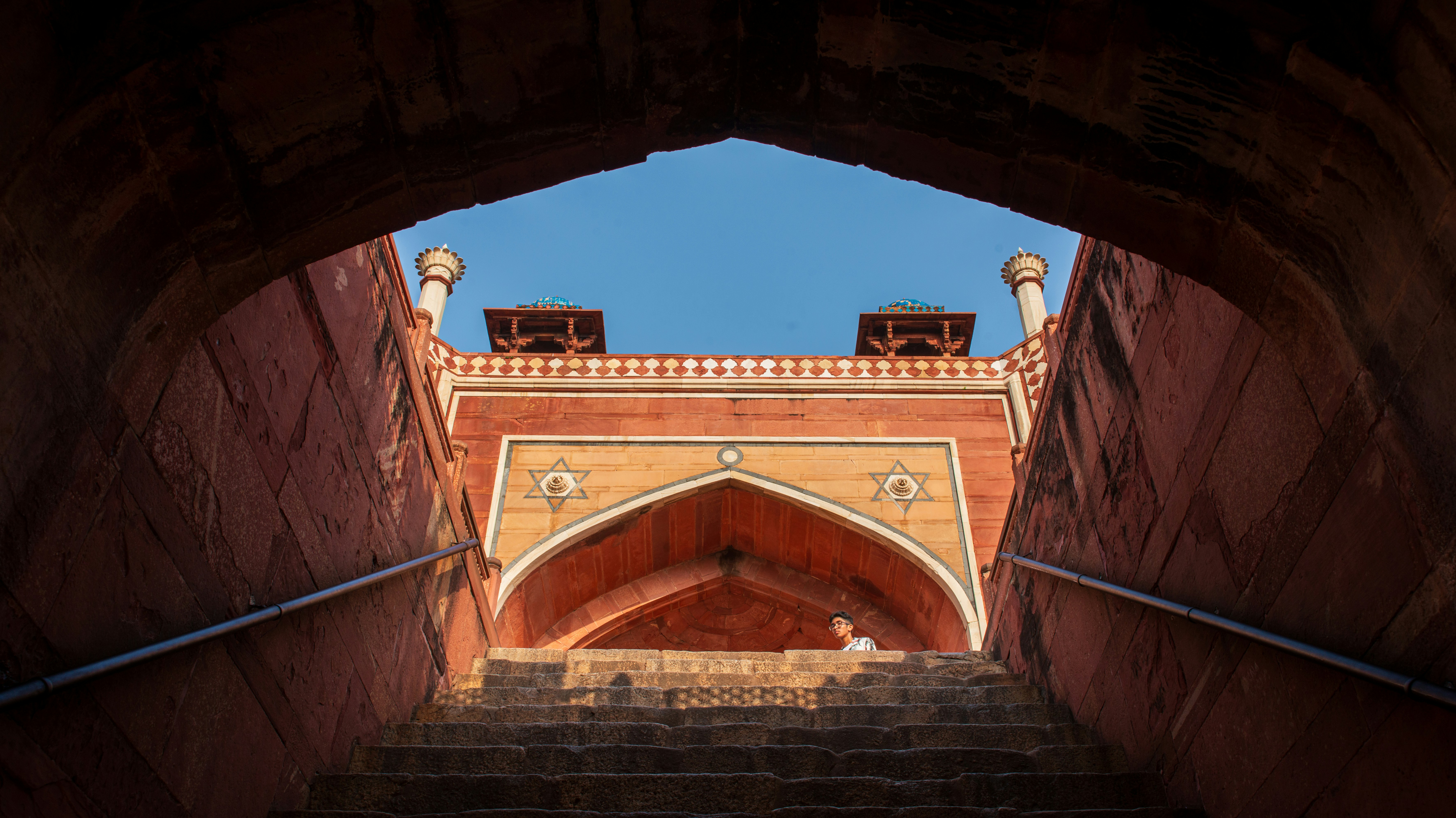 The stairs that go up to the main platform of Humayun's Tomb in Delhi, India.