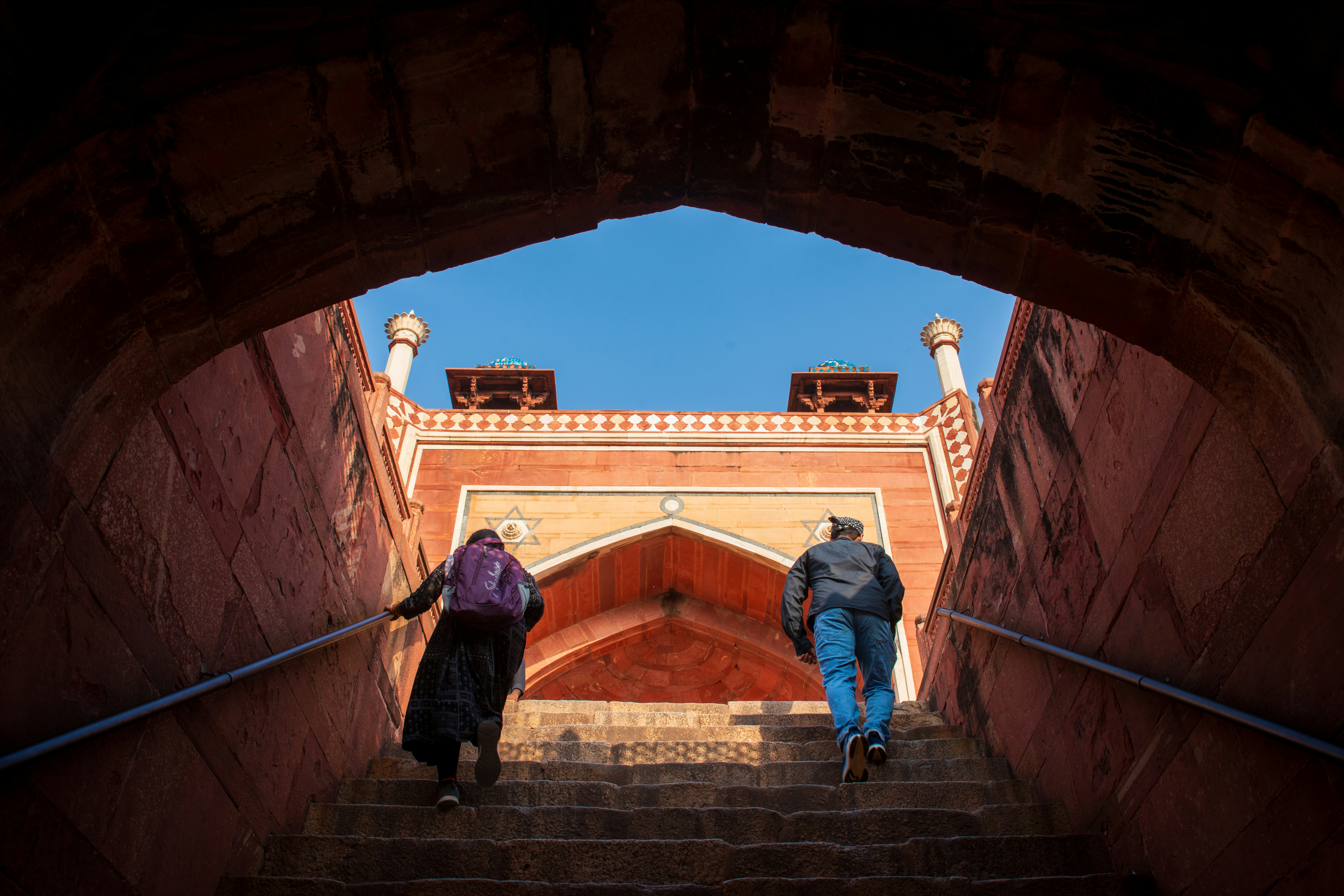 The stairs that go up to the main platform of Humayun's Tomb in Delhi, India.