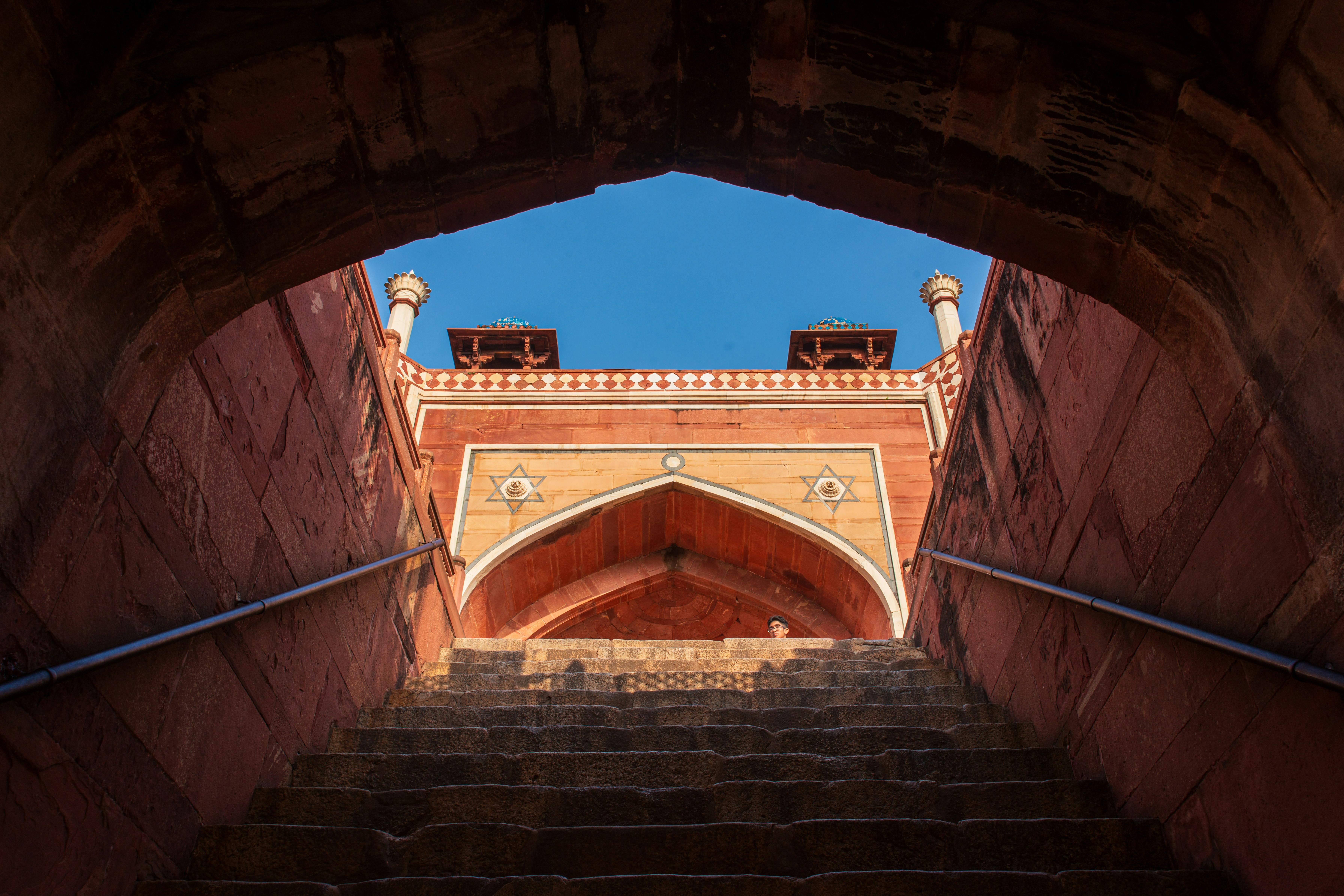 The stairs that go up to the main platform of Humayun's Tomb in Delhi, India.