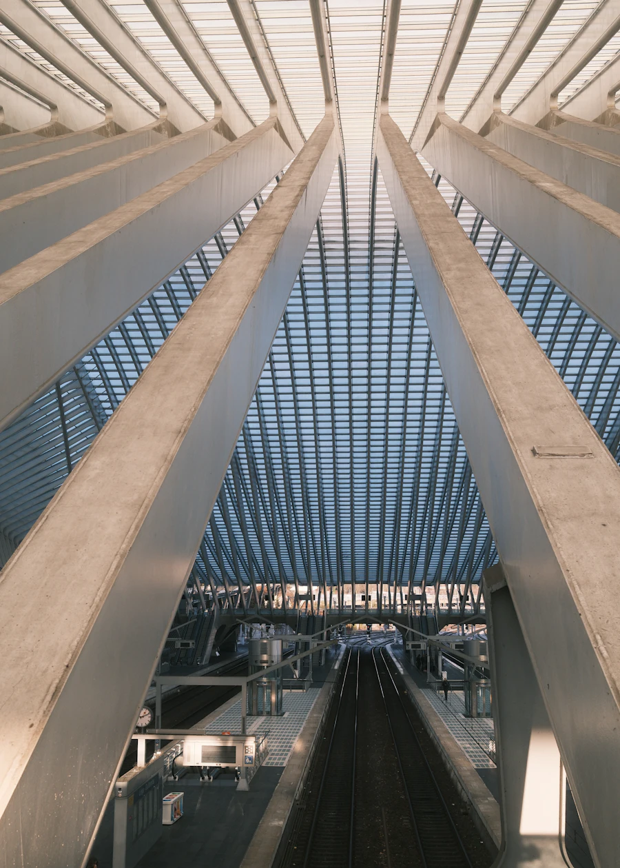 Architectural study of a train station's vaulted arches and parallel tracks converging toward a distant vanishing point. The image emphasizes symmetry and industrial geometry.