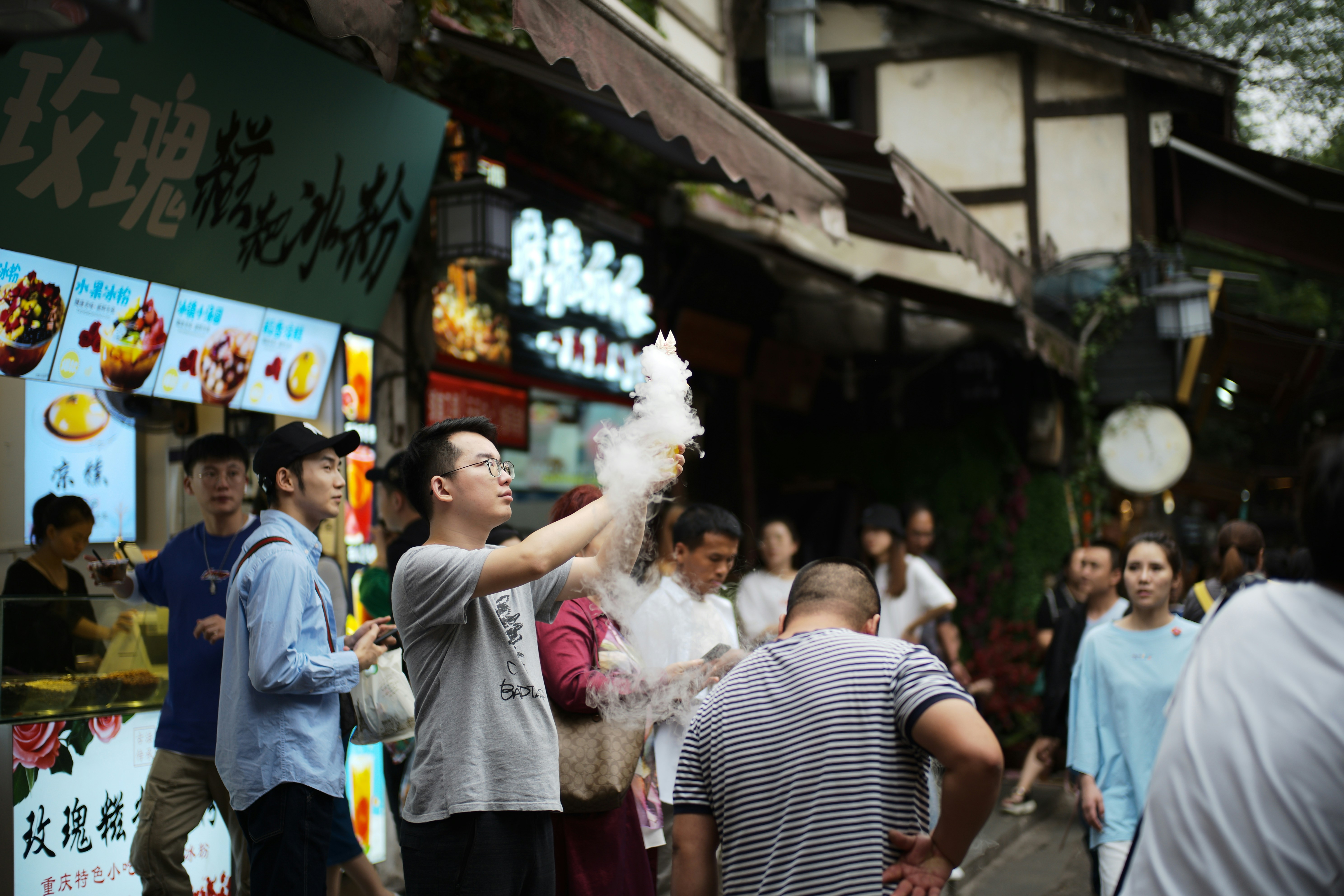 Vapor in the Market: A Street-Scene Moment