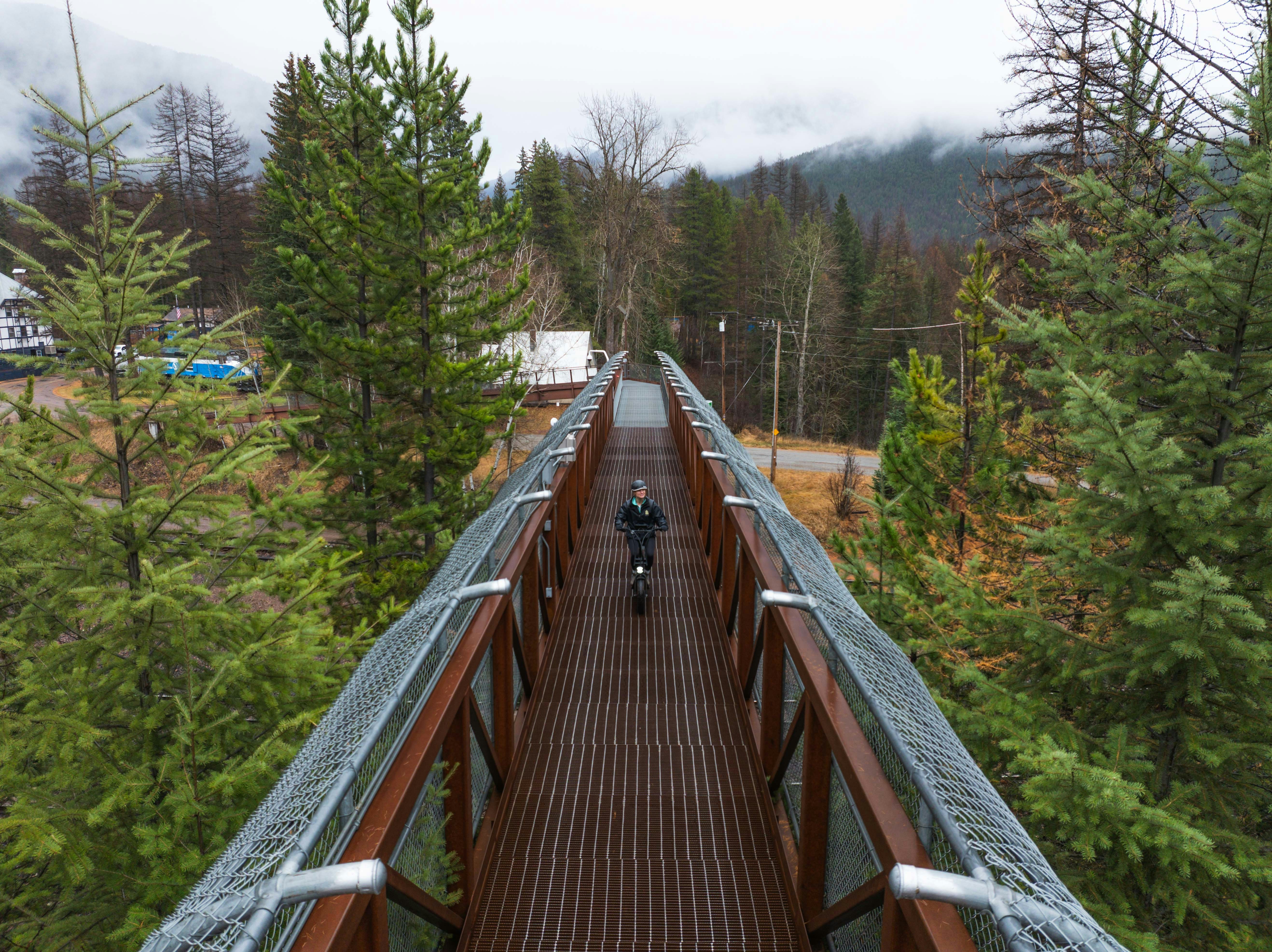 Lone Walker on a Timber Bridge Amid Misty Pines