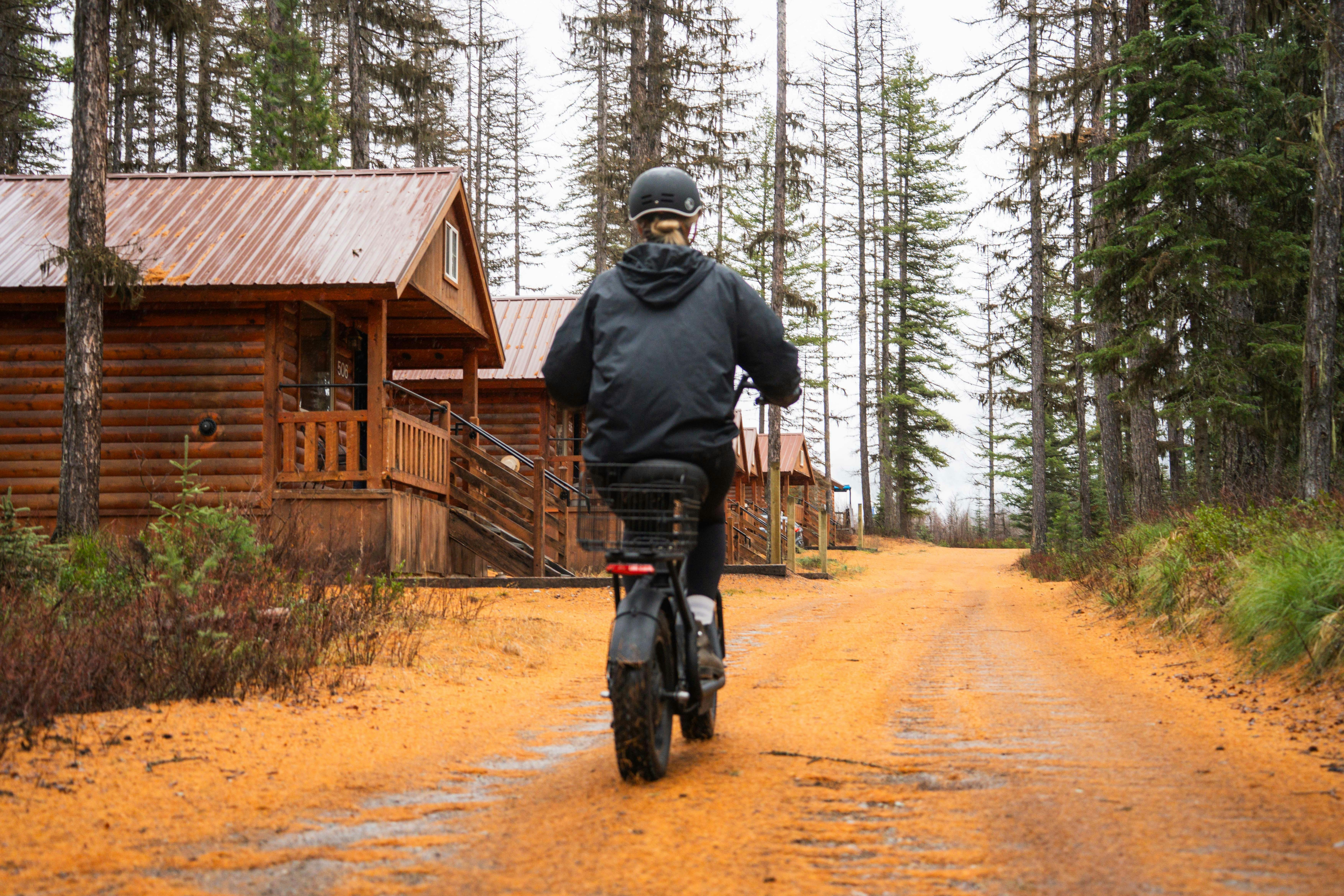 Rider on the Ochre Forest Road Between Cabin Lodges