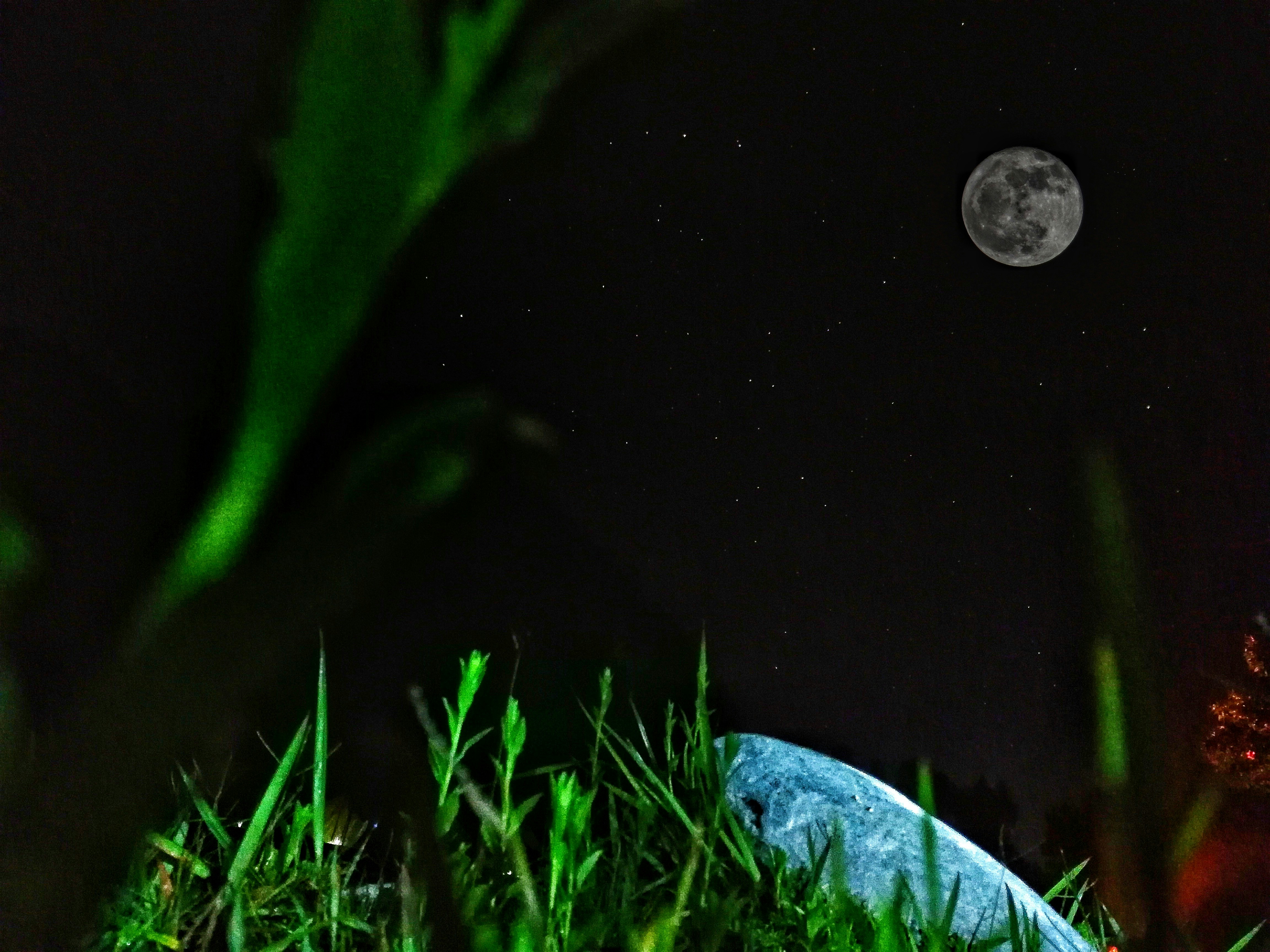 Full moon shines over a starry night sky.