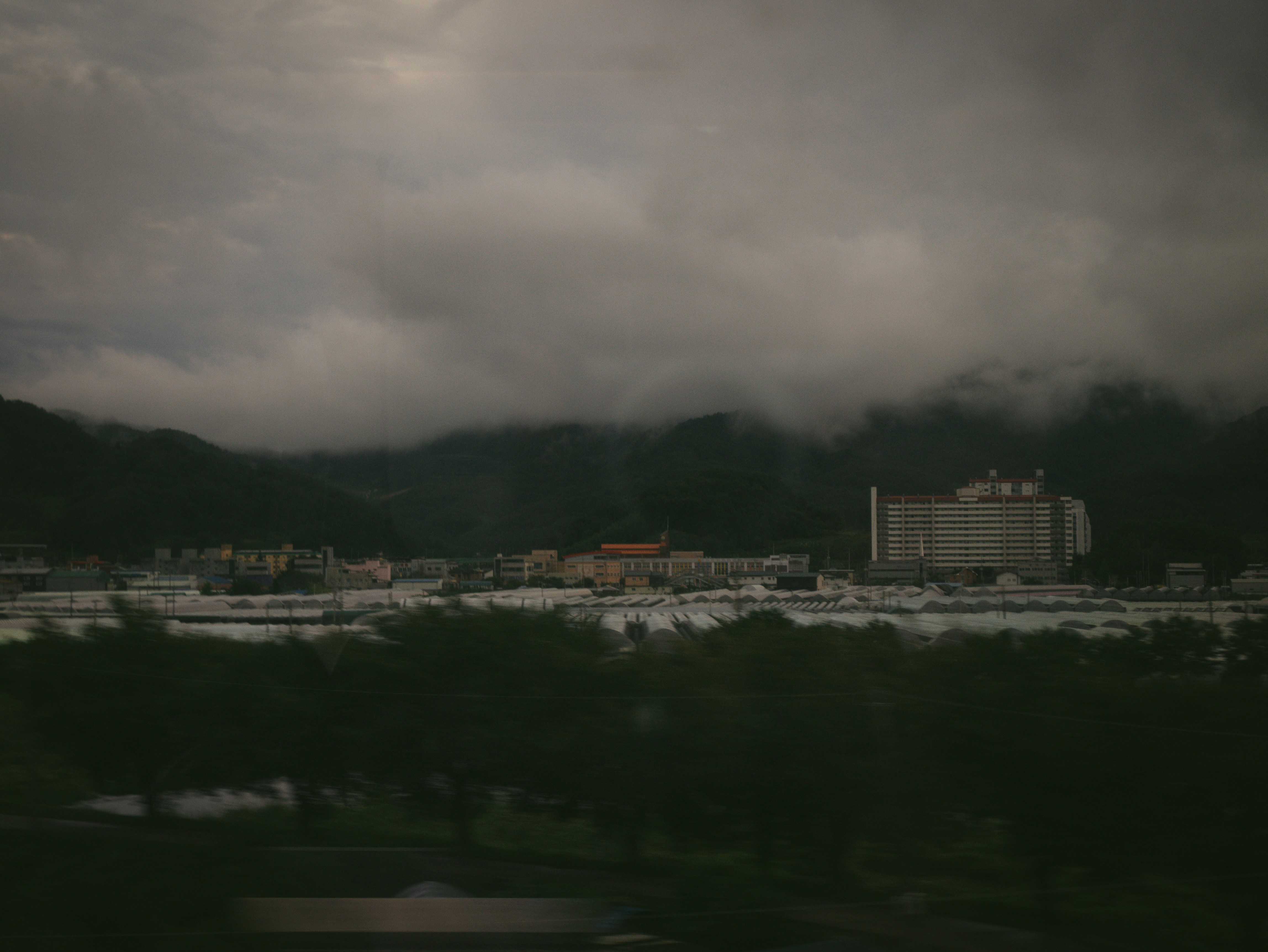 Riverside Hotel in the Mist: Fog-Washed Ridge Over a Quiet River