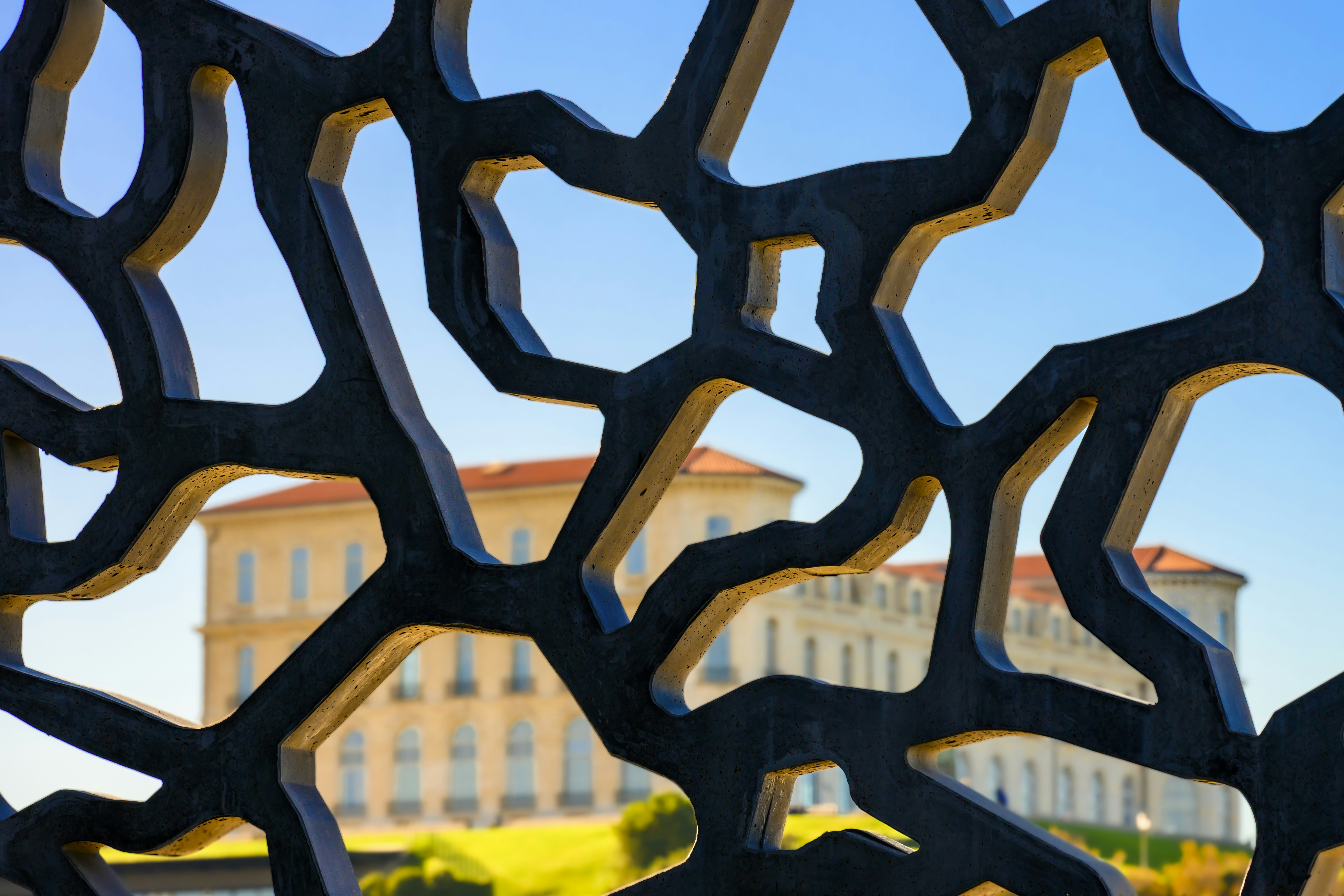 City Through the Mesh: Sunlit Facade Framed by Ironwork