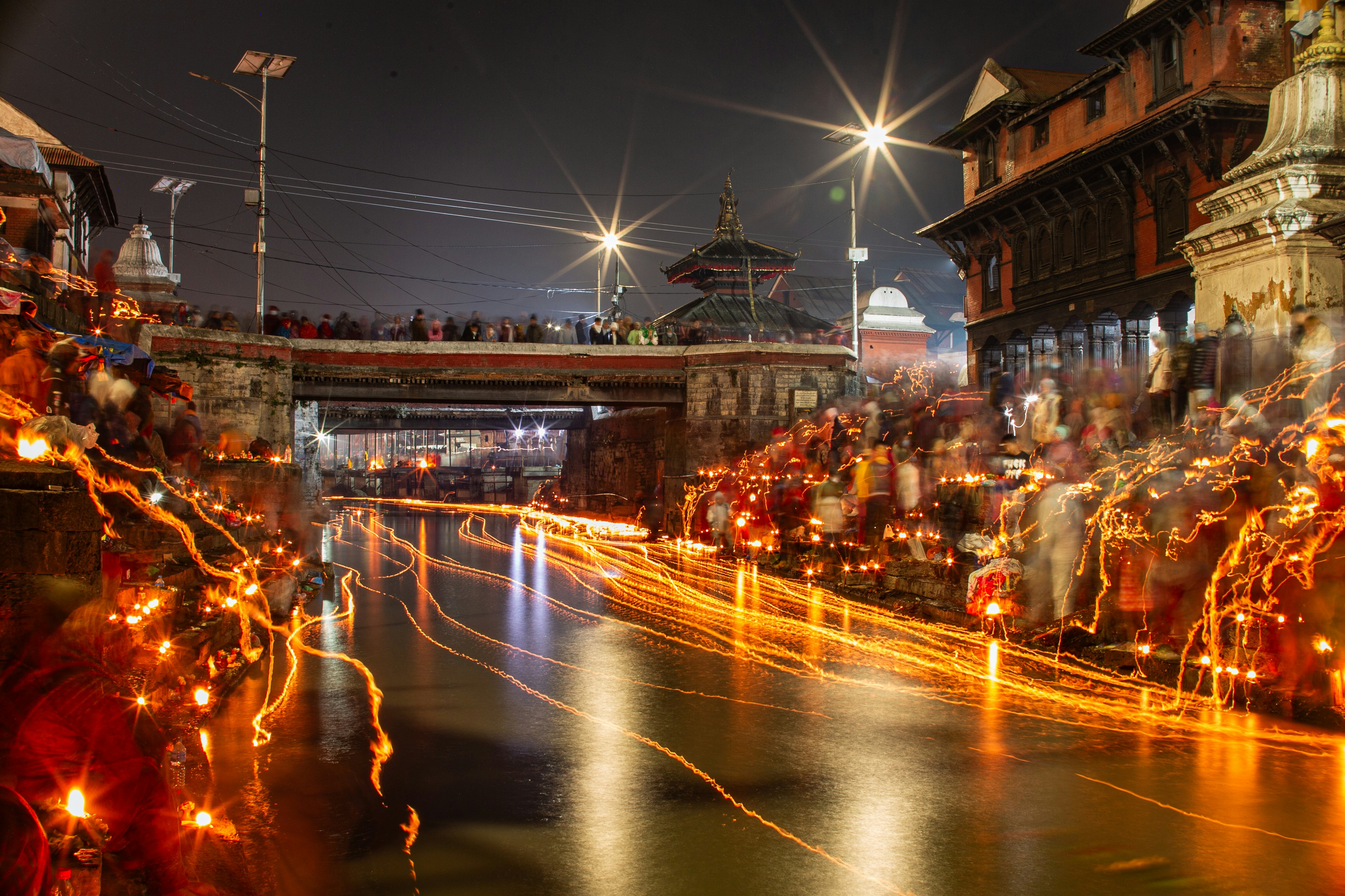 Sacred Flames light trail at bagmati river in Pashupatinath Temple, Kathmandu