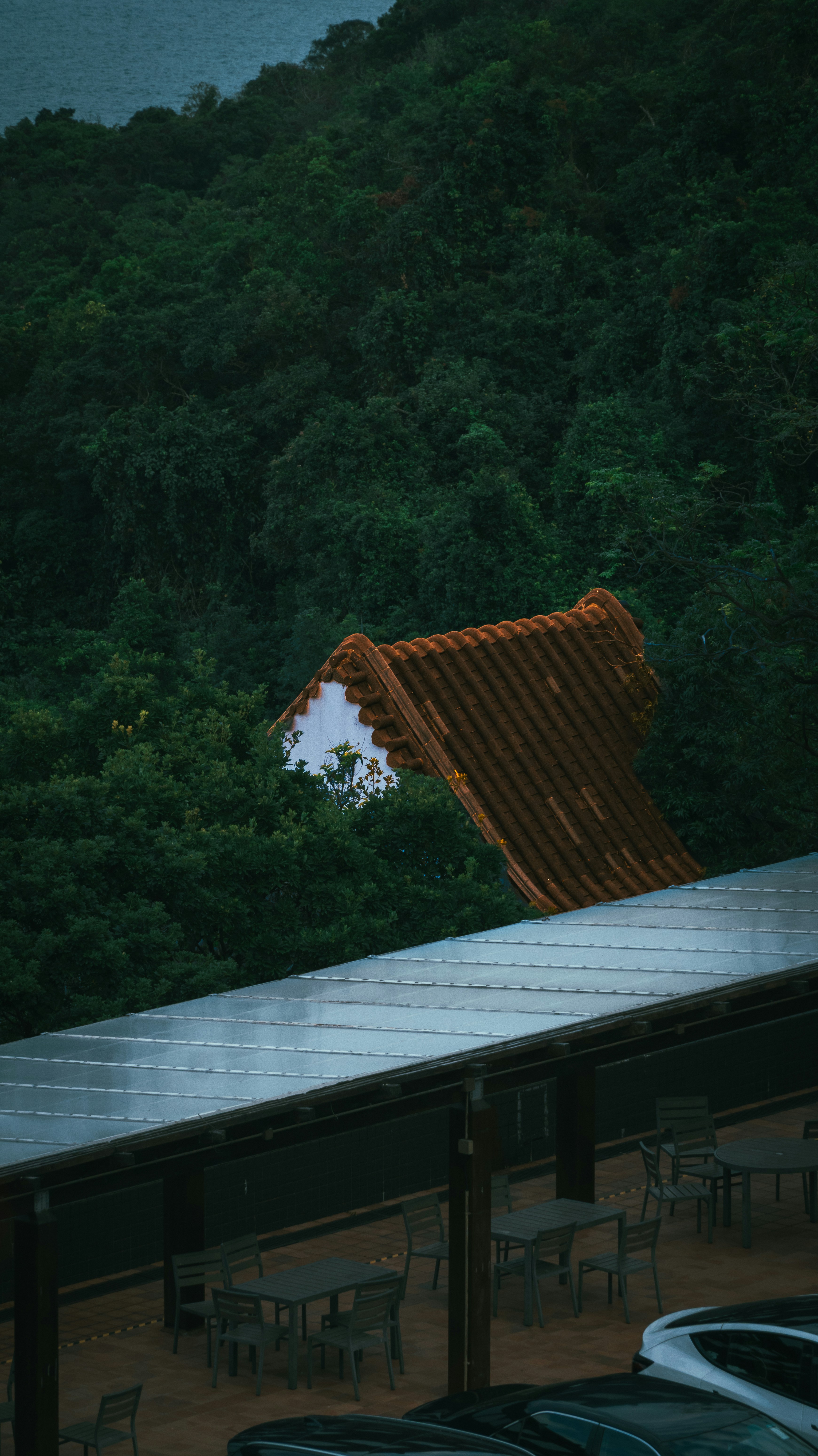 Leaning Tile Over a Quiet Terrace Framed by Forest