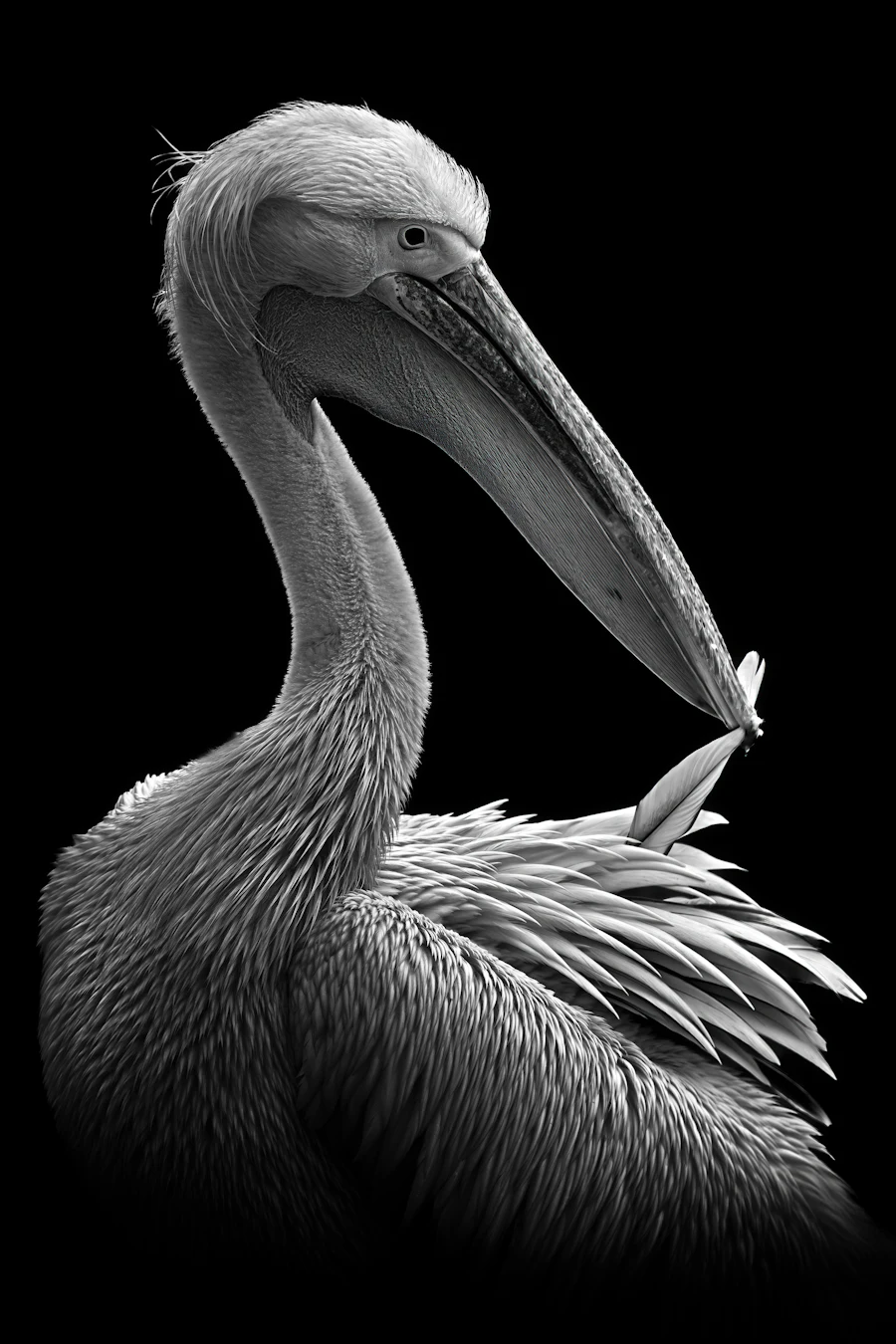 Monochrome portrait of a pelican with a long curved beak against a pure black background. The image emphasizes detailed feather texture and elegant neck curve.