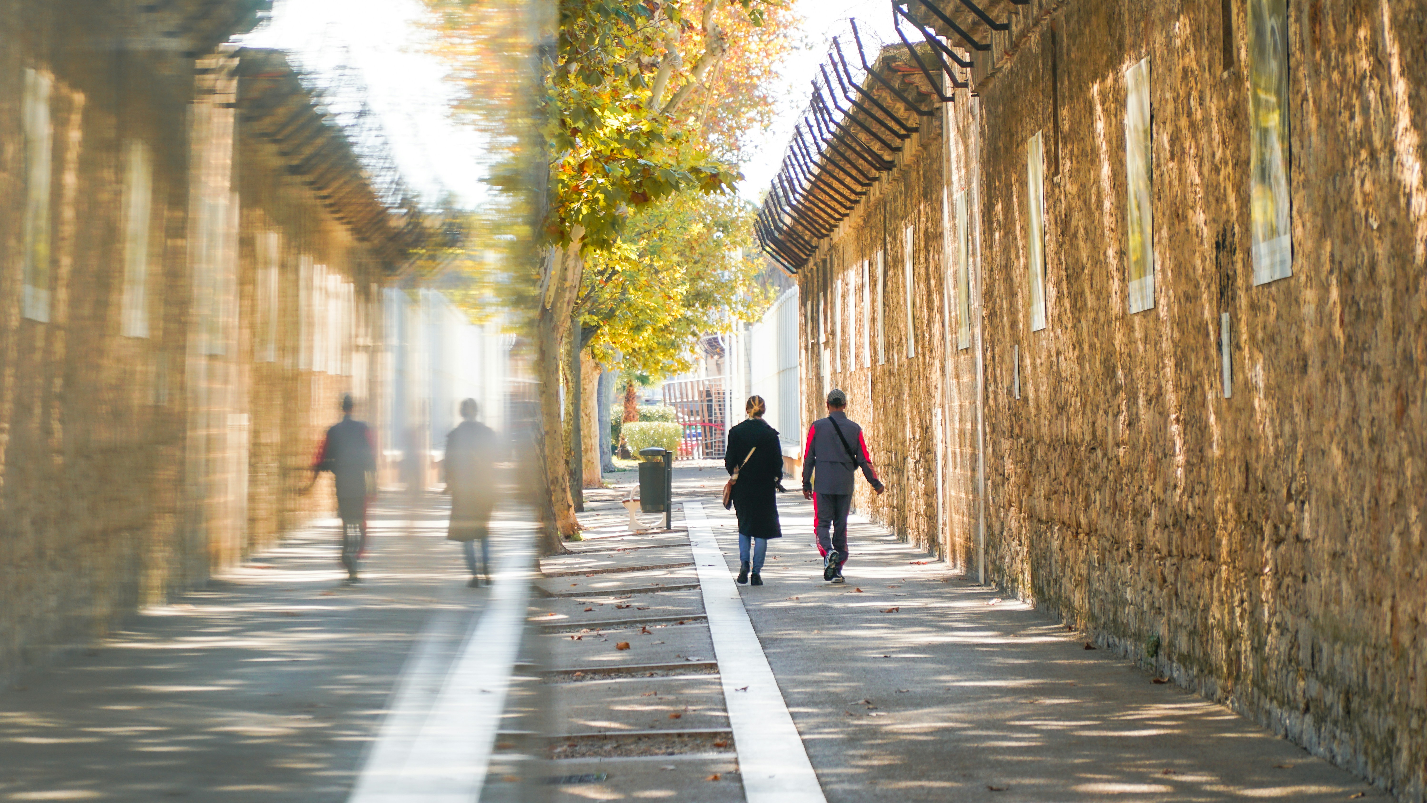 Pedestrians on a Sunlit Corridor Between Time-Worn Walls