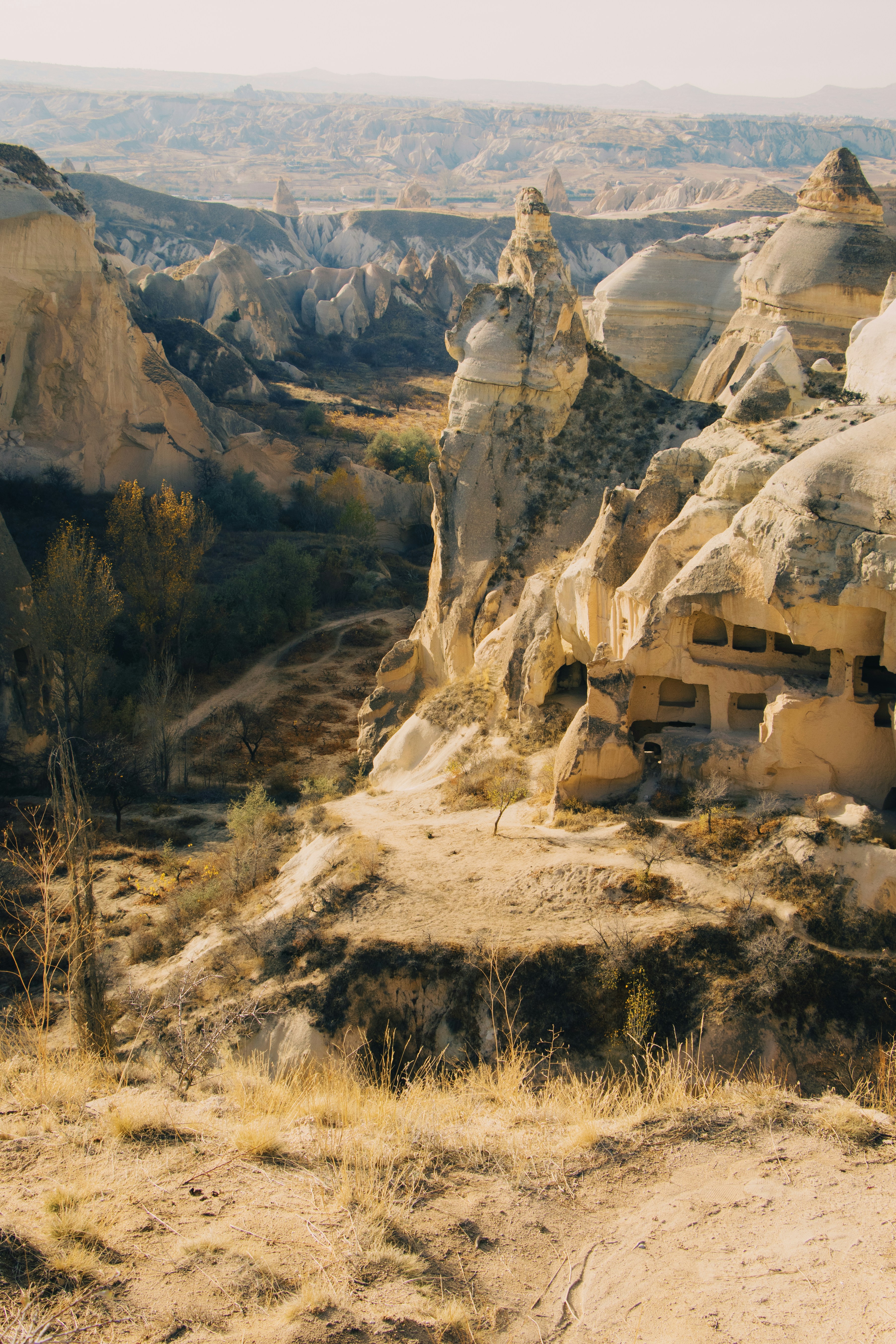 Golden Hour Over Carved Spires: Desert Valley of Wind-Worn Dwellings