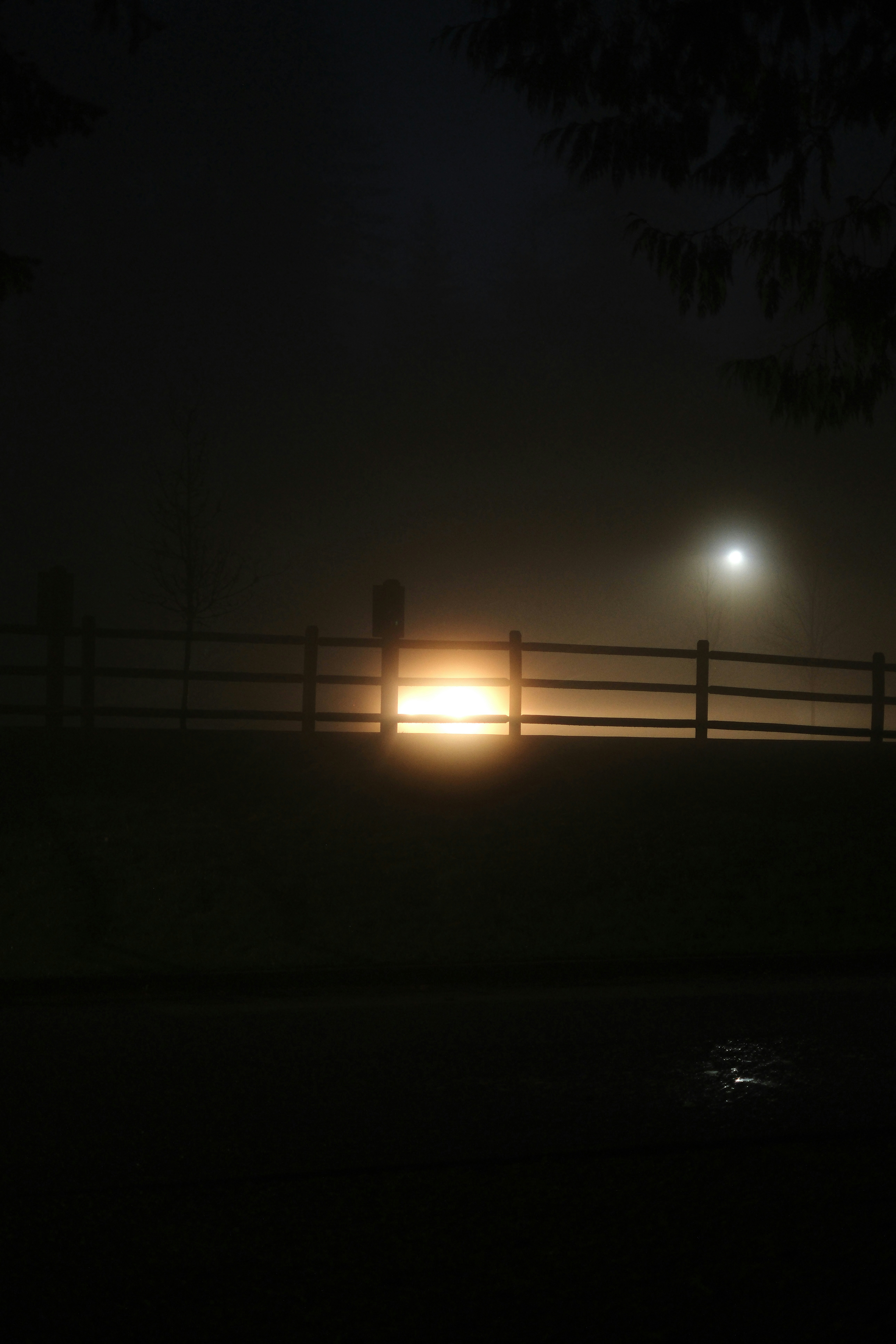 Behind the Fence: a Warm Glow Pierces Fog on a Quiet Night