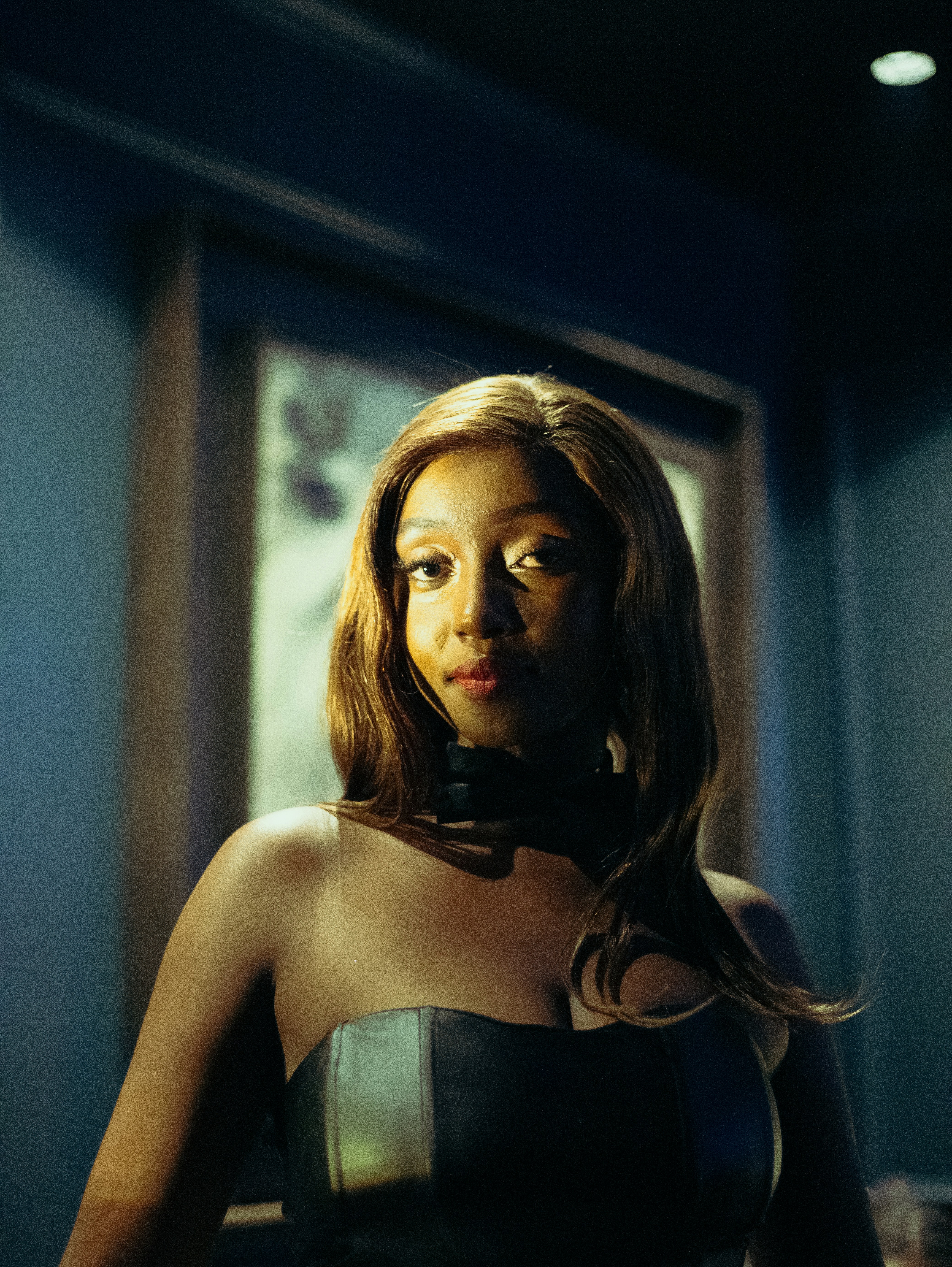 Velvet Gaze Under Neon: Portrait in a Dim Club