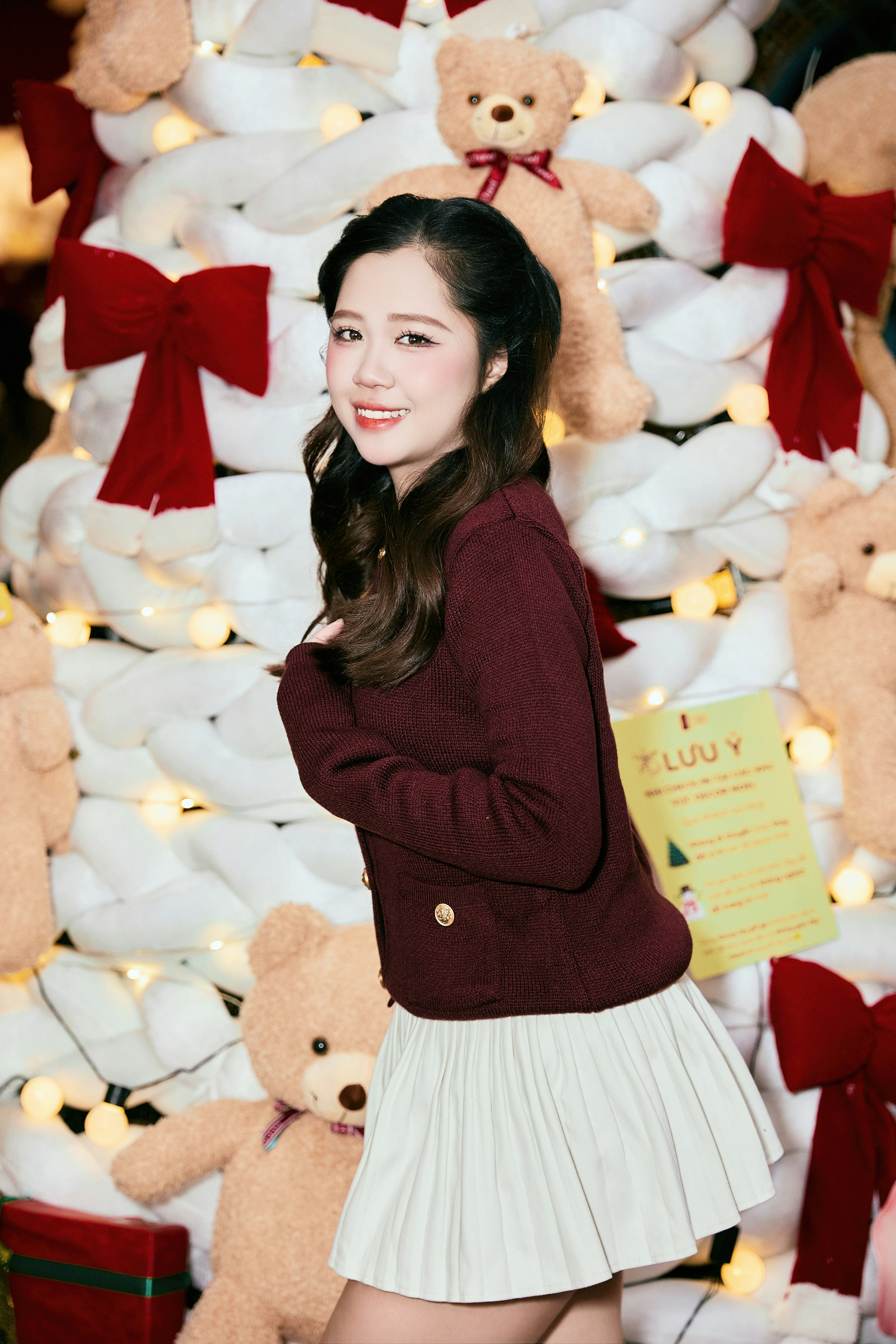 Crimson Knit Amid Plush Holiday Lights