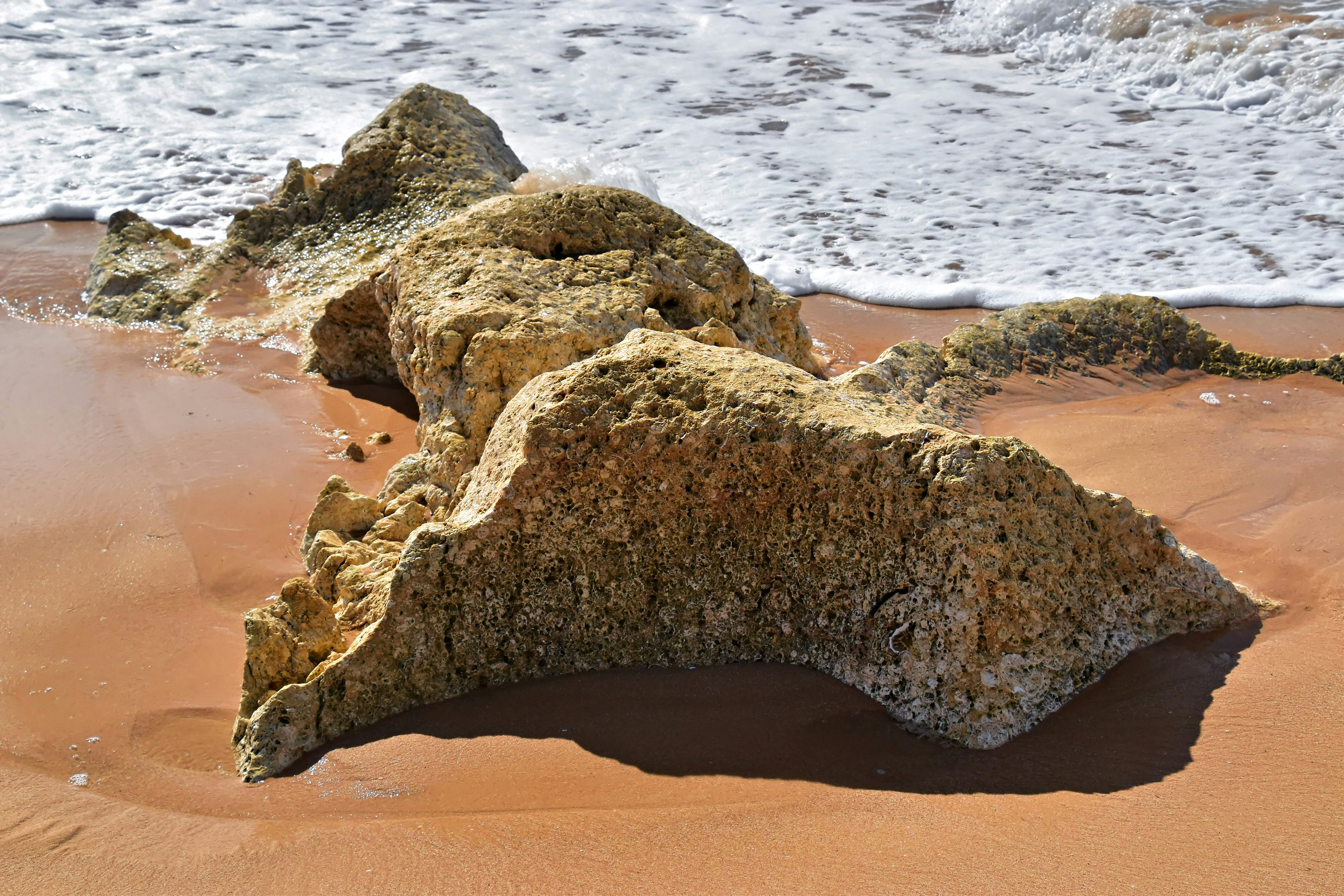 Rugged Tidebreakers: Weathered Rocks Resting on Sunlit Sand