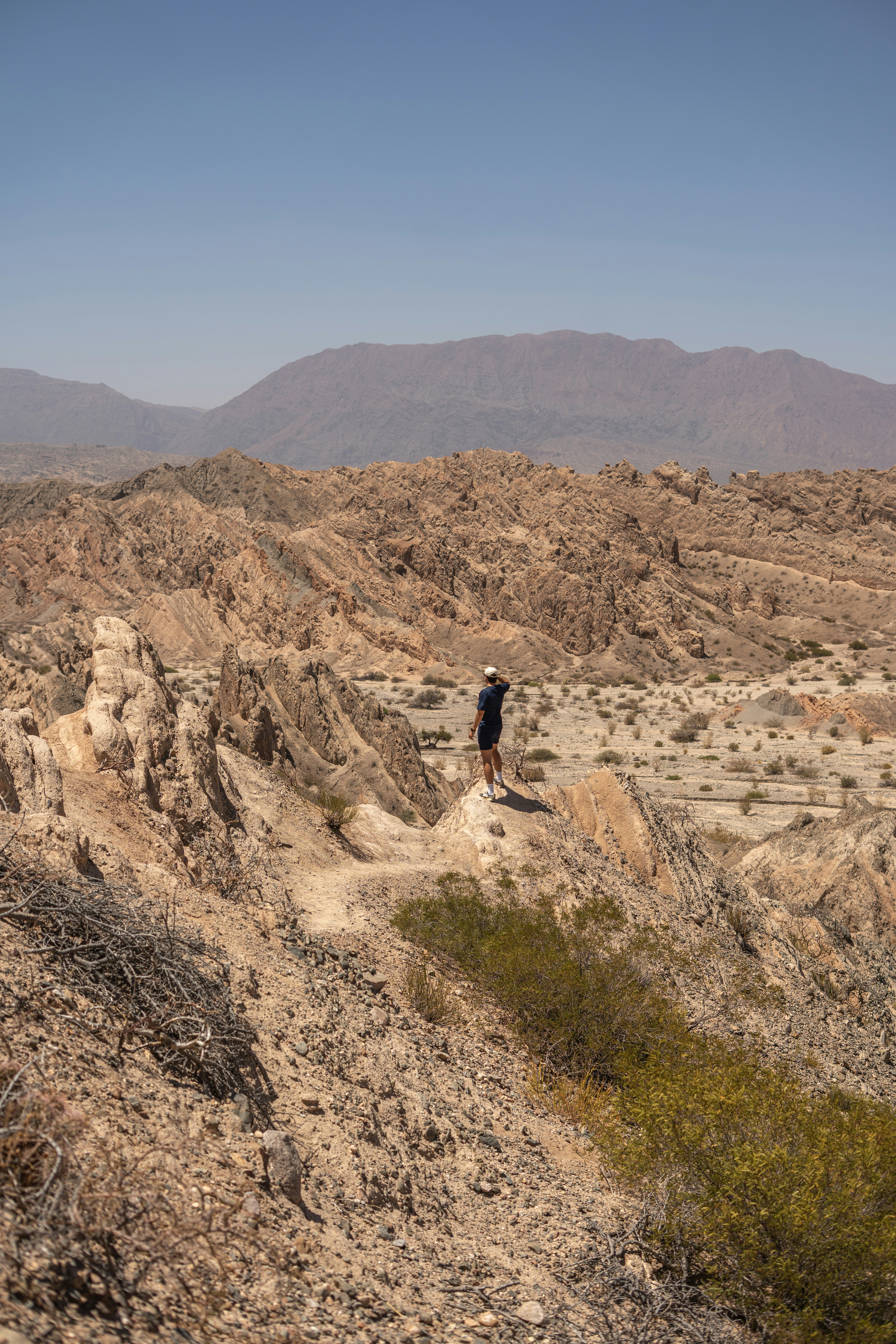 Desert Ridge Walker: A solitary figure on jagged limestone against distant mountains