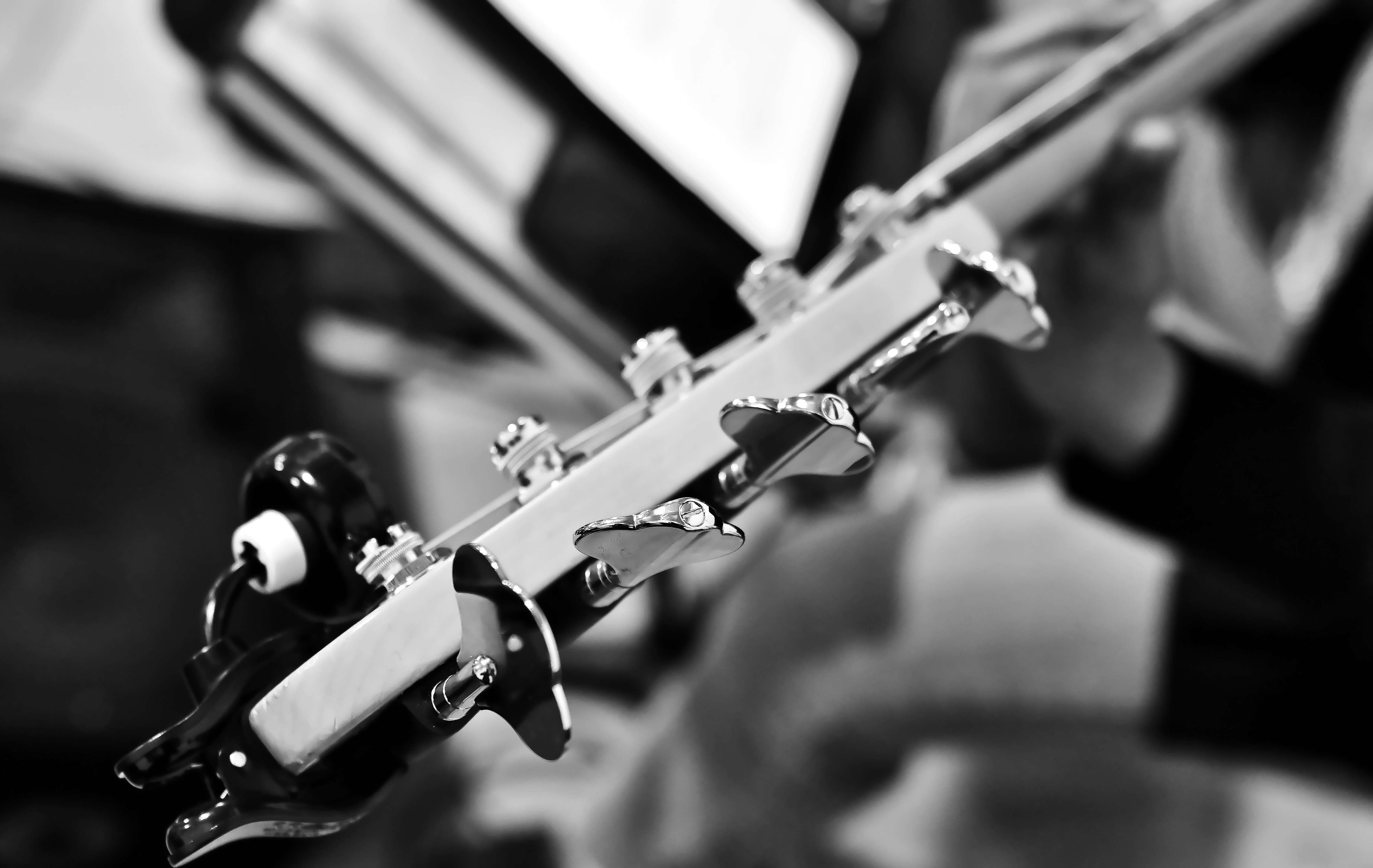 Guitar Headstock in Focus: Close-up of Tuners in Mono Portrait