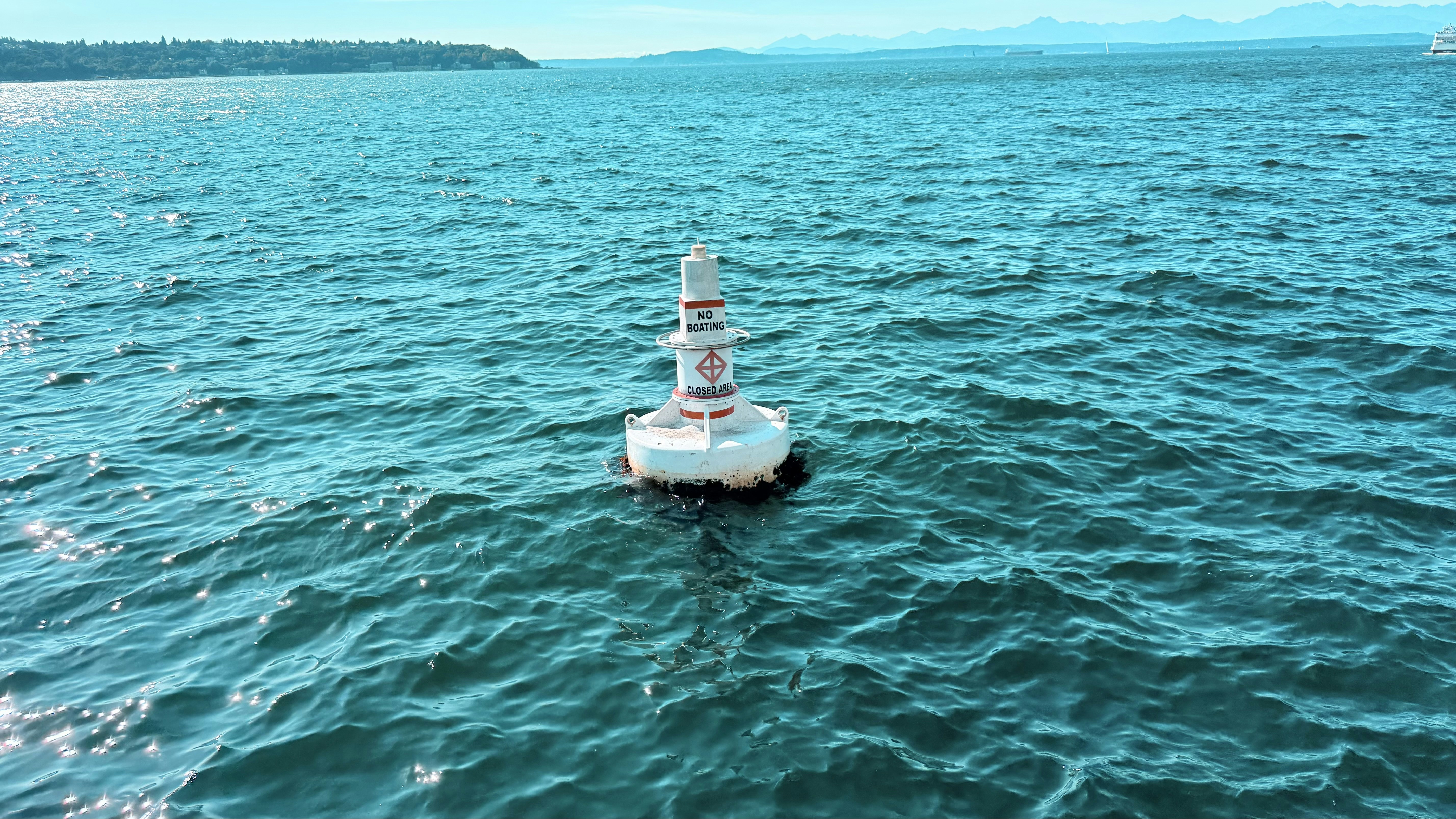 Elliott Bay in its purest form: shimmering water, gentle movement, and a buoy marking the quiet of the bay. A simple, serene moment on Seattle’s waterfront.