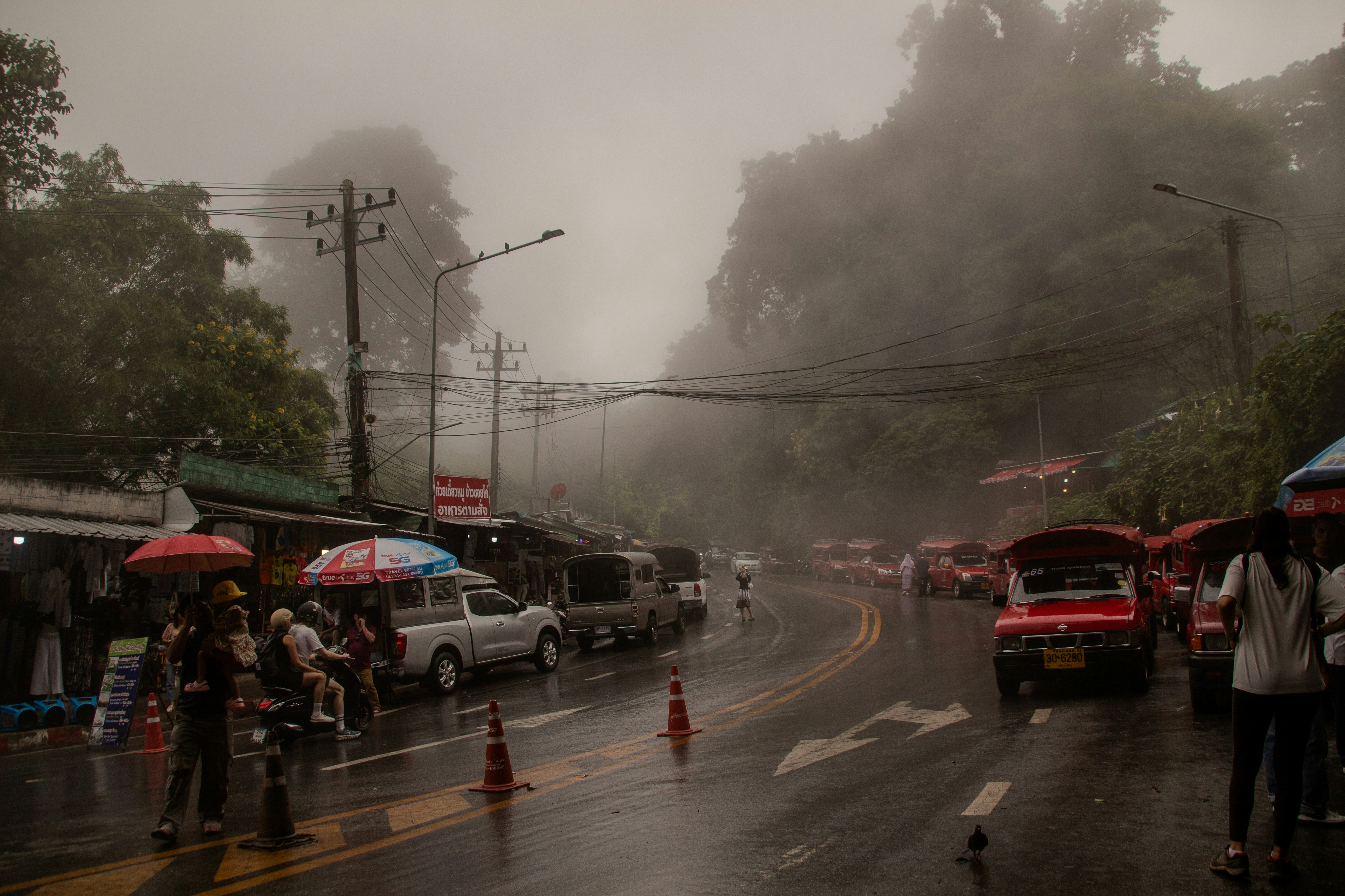 Mist on the Mountain Road: Market Scene in Rain
